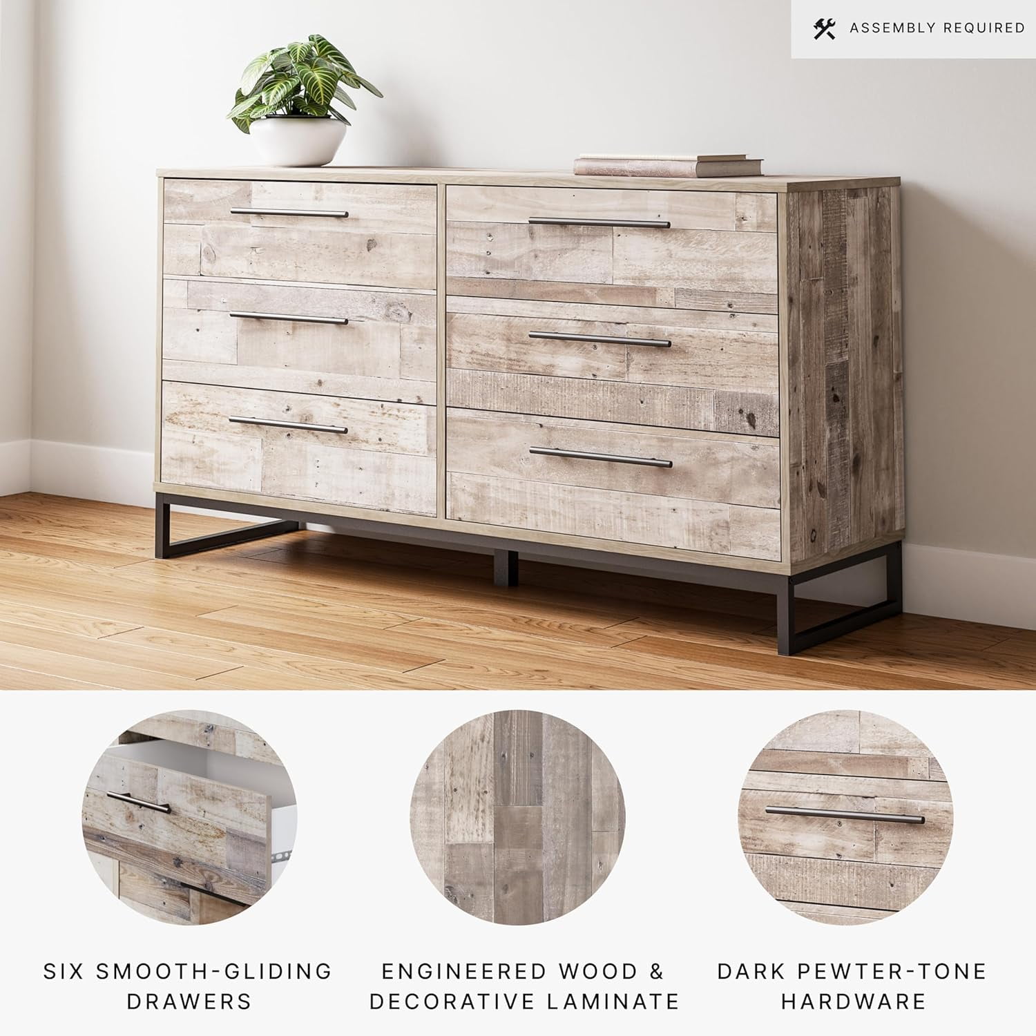Neilsville Industrial 6 Drawer Dresser, Butcher Block Gray - Walmart.com