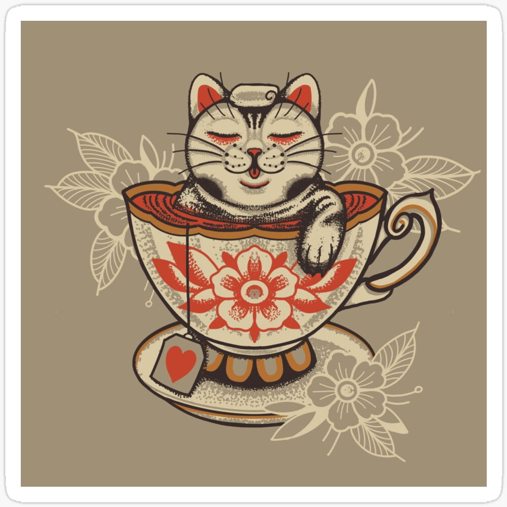 Neko Cat Coffee Tea Sticker Phone Decal Water Bottle Stickers Car ...