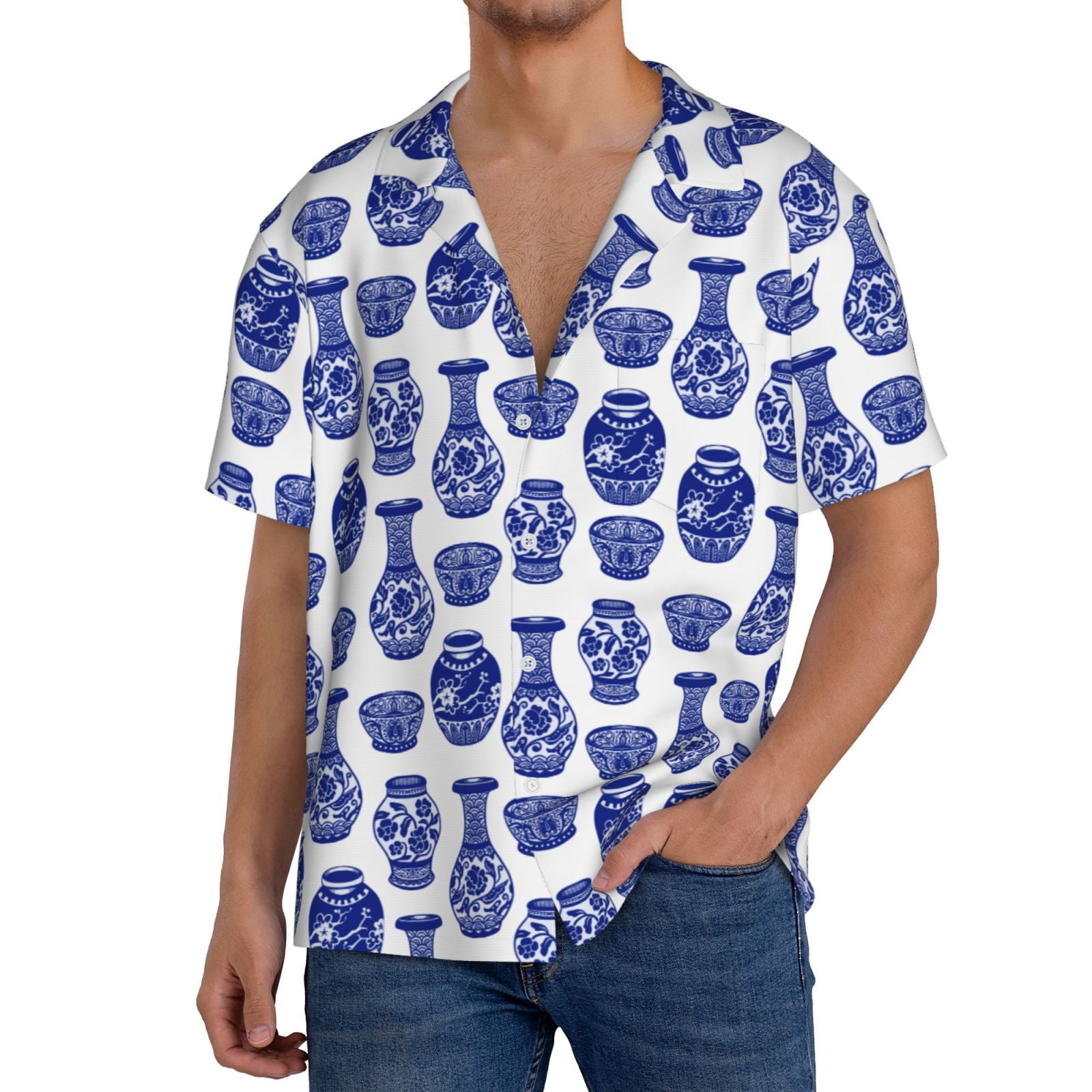 Nelaau Blue Vases Pattern Men's Cuban Collar Short Sleeve Shirt, Button ...