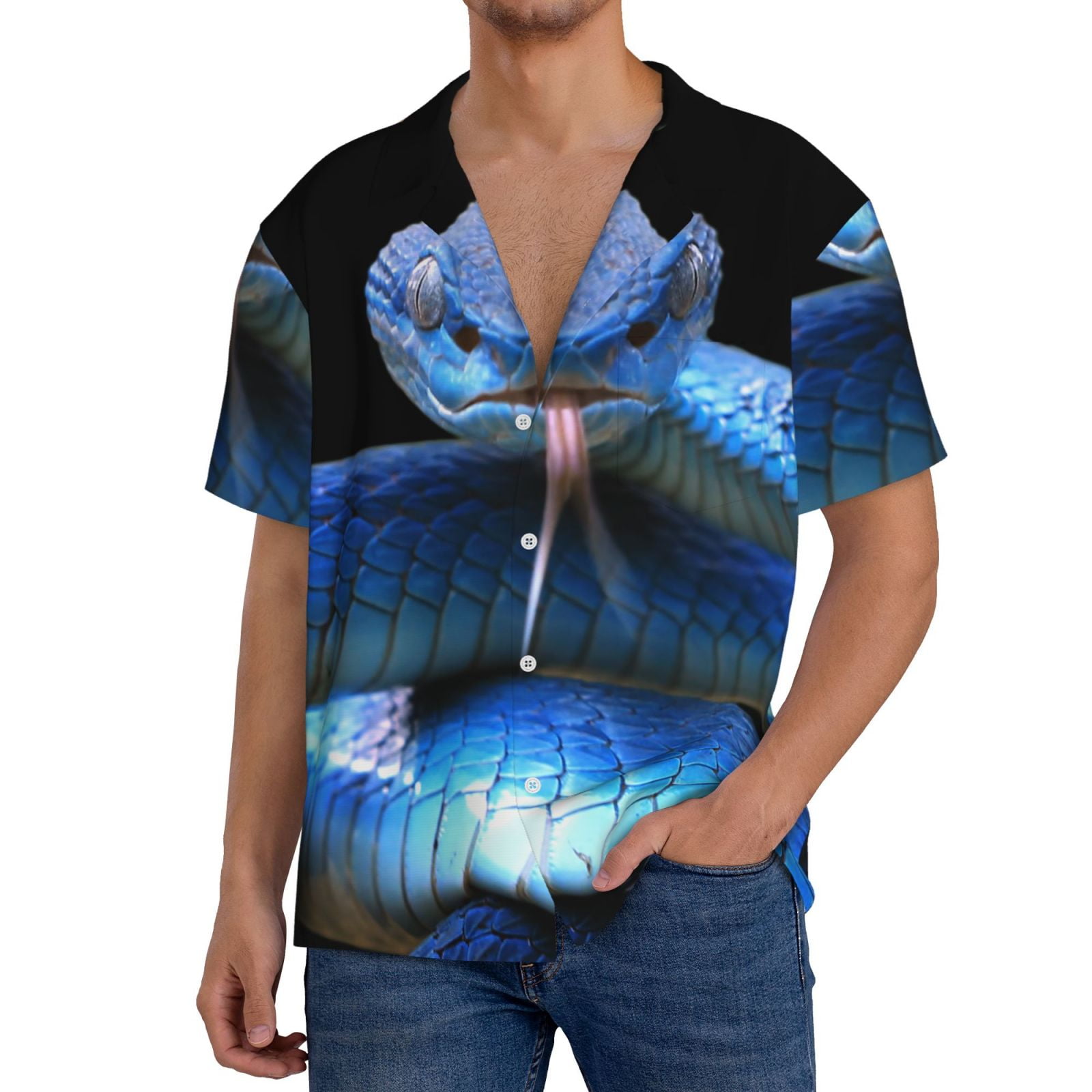 Nelaau Blue Viper Snake 2 Pattern Men's Cuban Collar Short Sleeve Shirt ...
