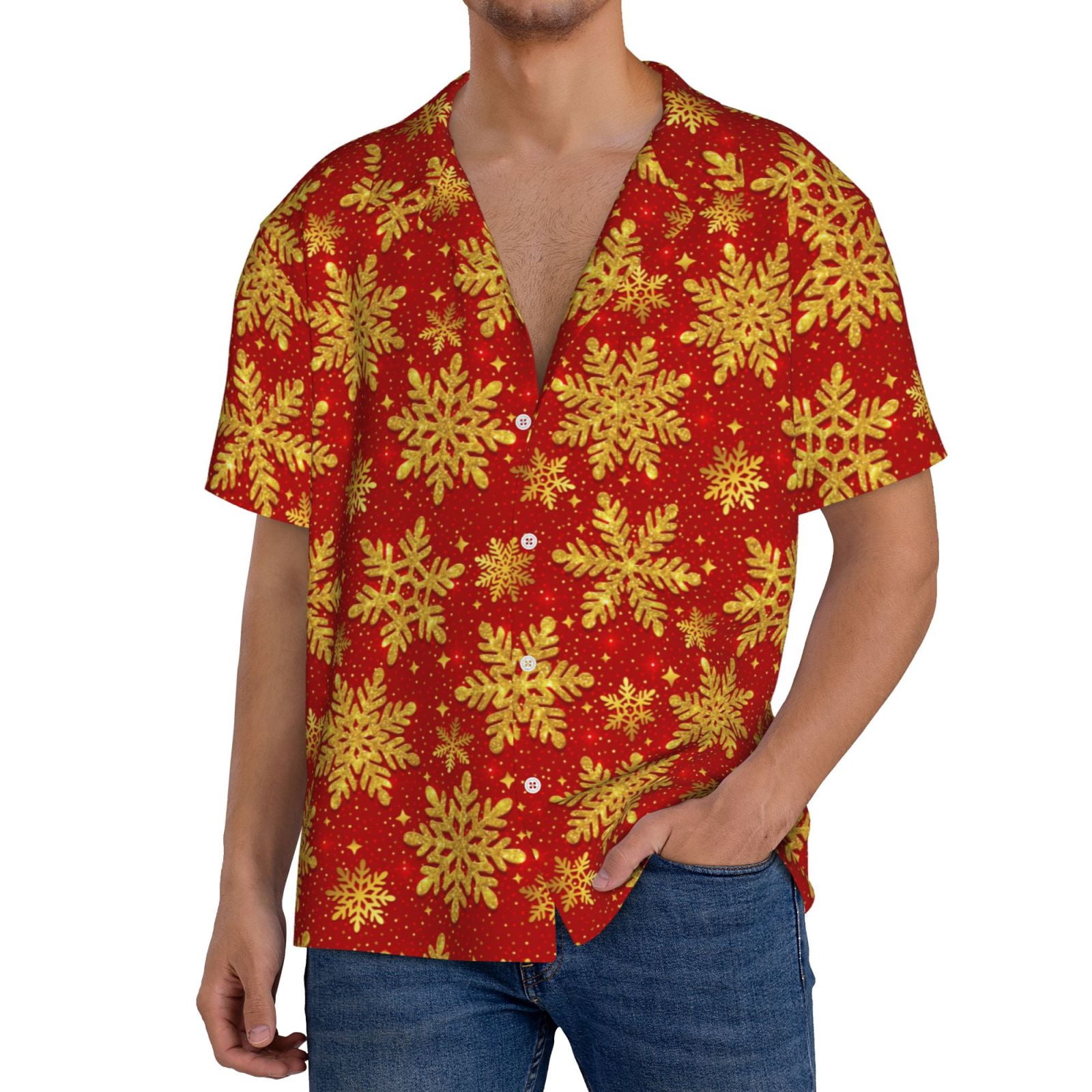 Nelaau Christmas With Gold Snowflakes Pattern Men's Cuban Collar Short ...