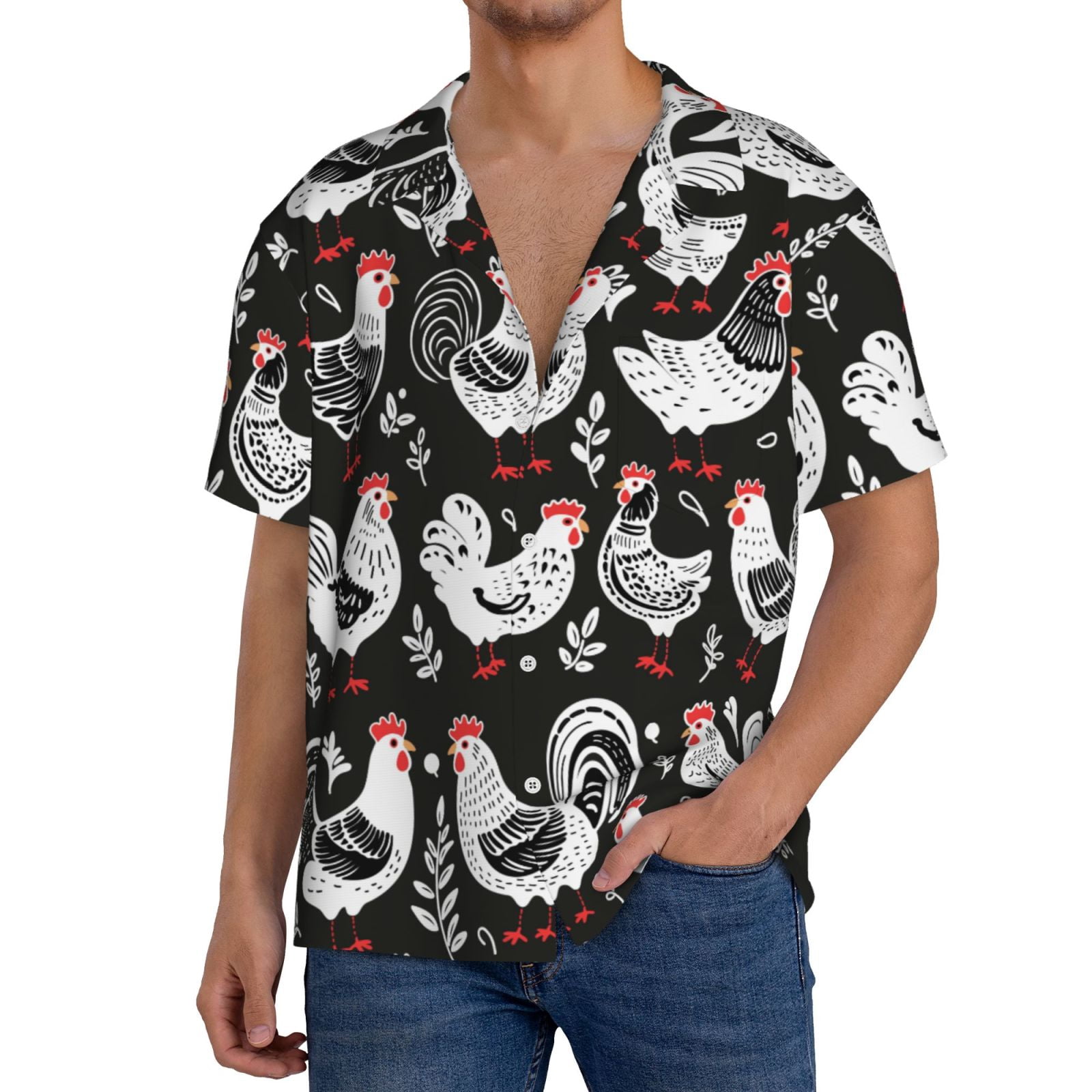 Nelaau Laying Hens And Roosters Pattern Men's Cuban Collar Short Sleeve ...