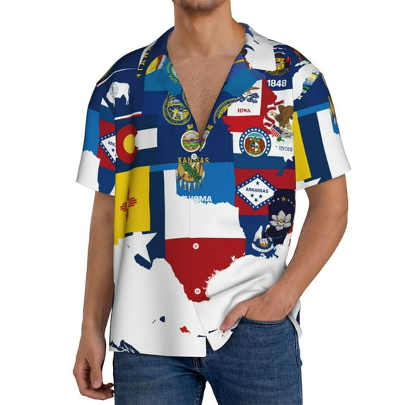 Nelaau The Map Of United States Pattern Men's Cuban Collar Short Sleeve ...