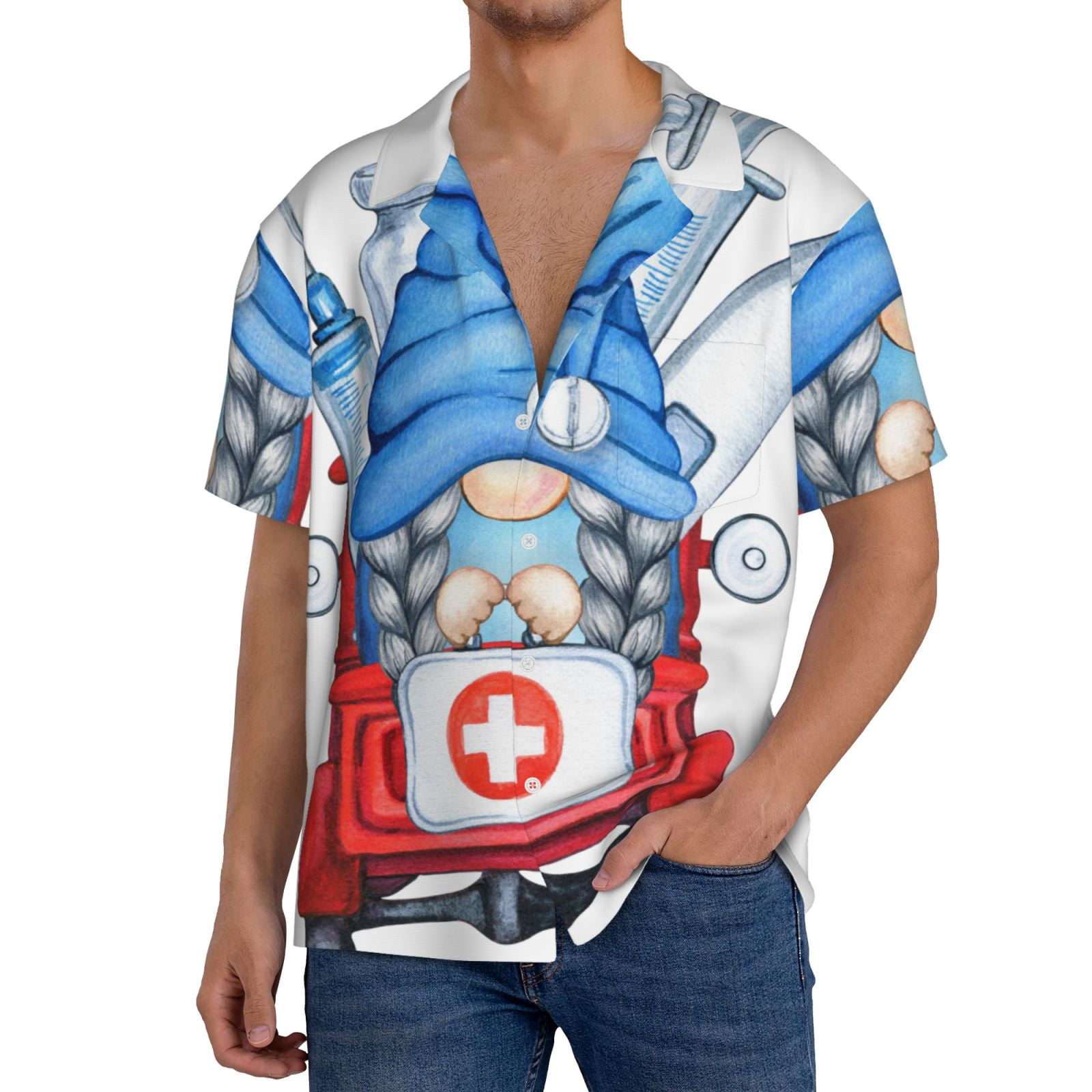 Nelaau Medicine Gnome Truck Red Pattern Men's Cuban Collar Short Sleeve ...