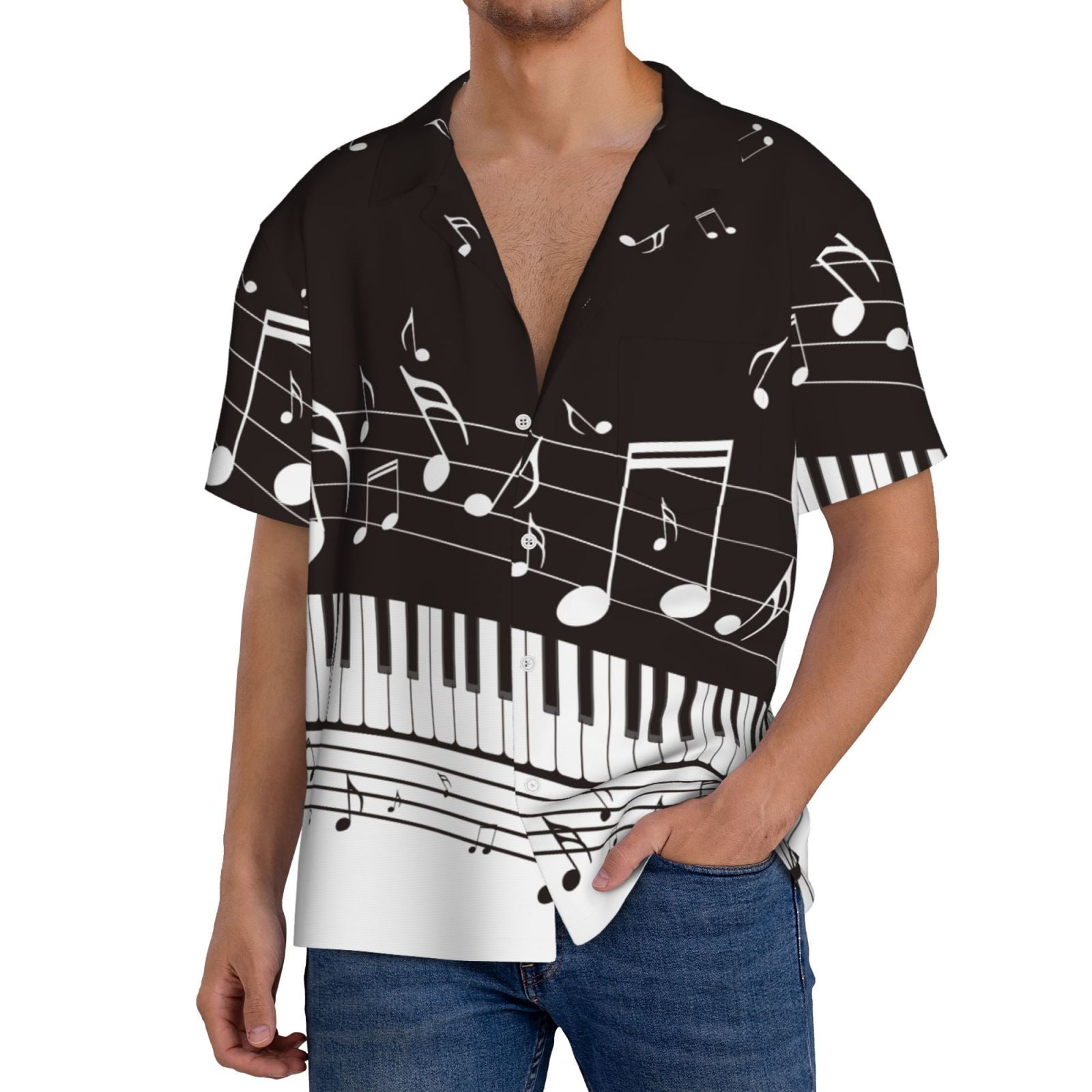 Nelaau Piano Keys With Musical Notes Pattern Men's Cuban Collar Short ...