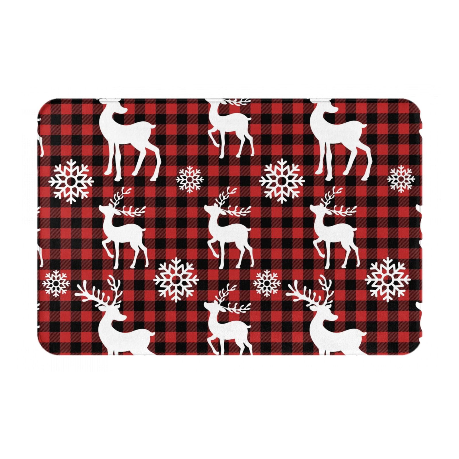 Nelaau Plaid Reindeer Snowflakes Print Flannel Anti-slip Floor Mat ...