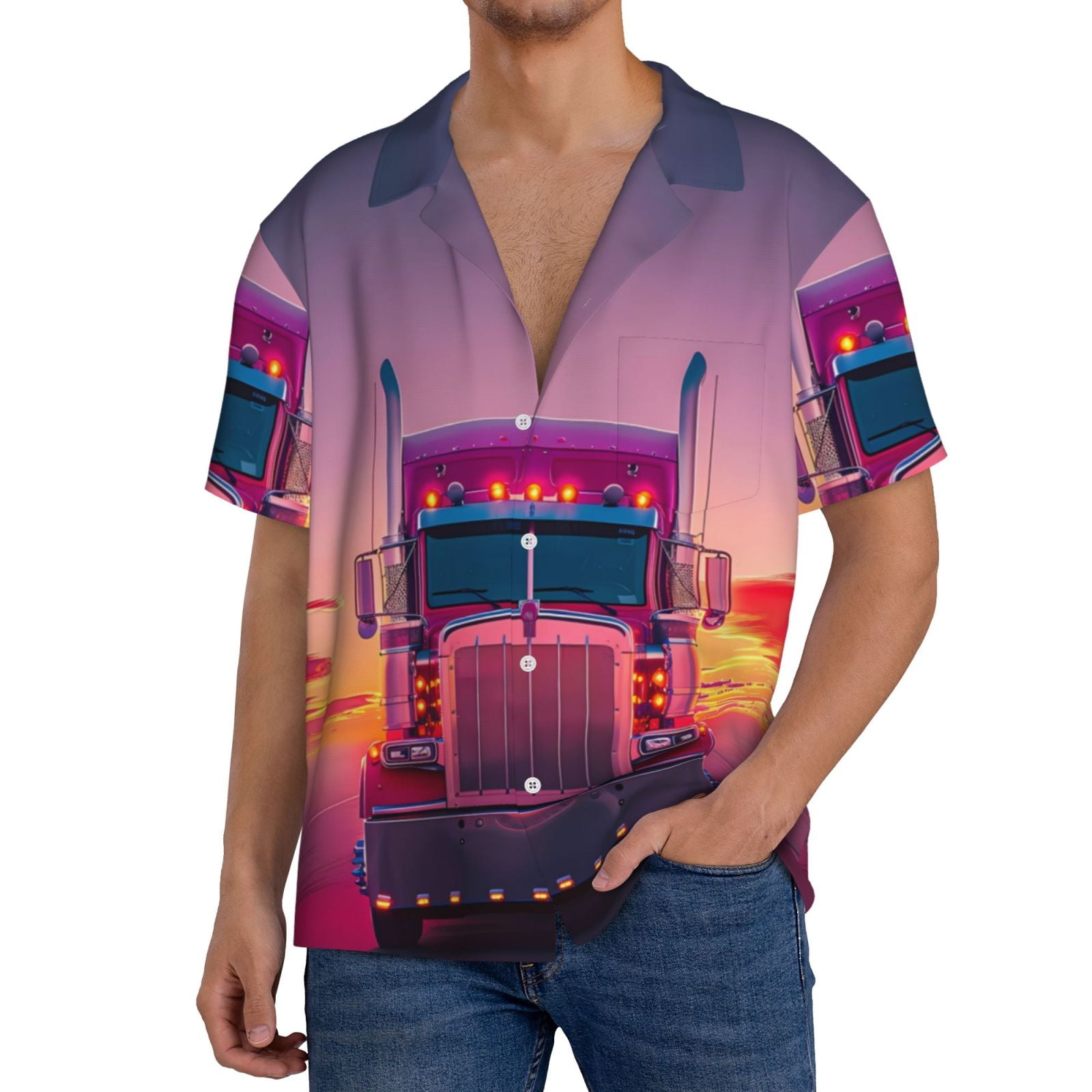 Nelaau Sunset Truck Highway Pattern Men's Cuban Collar Short Sleeve ...