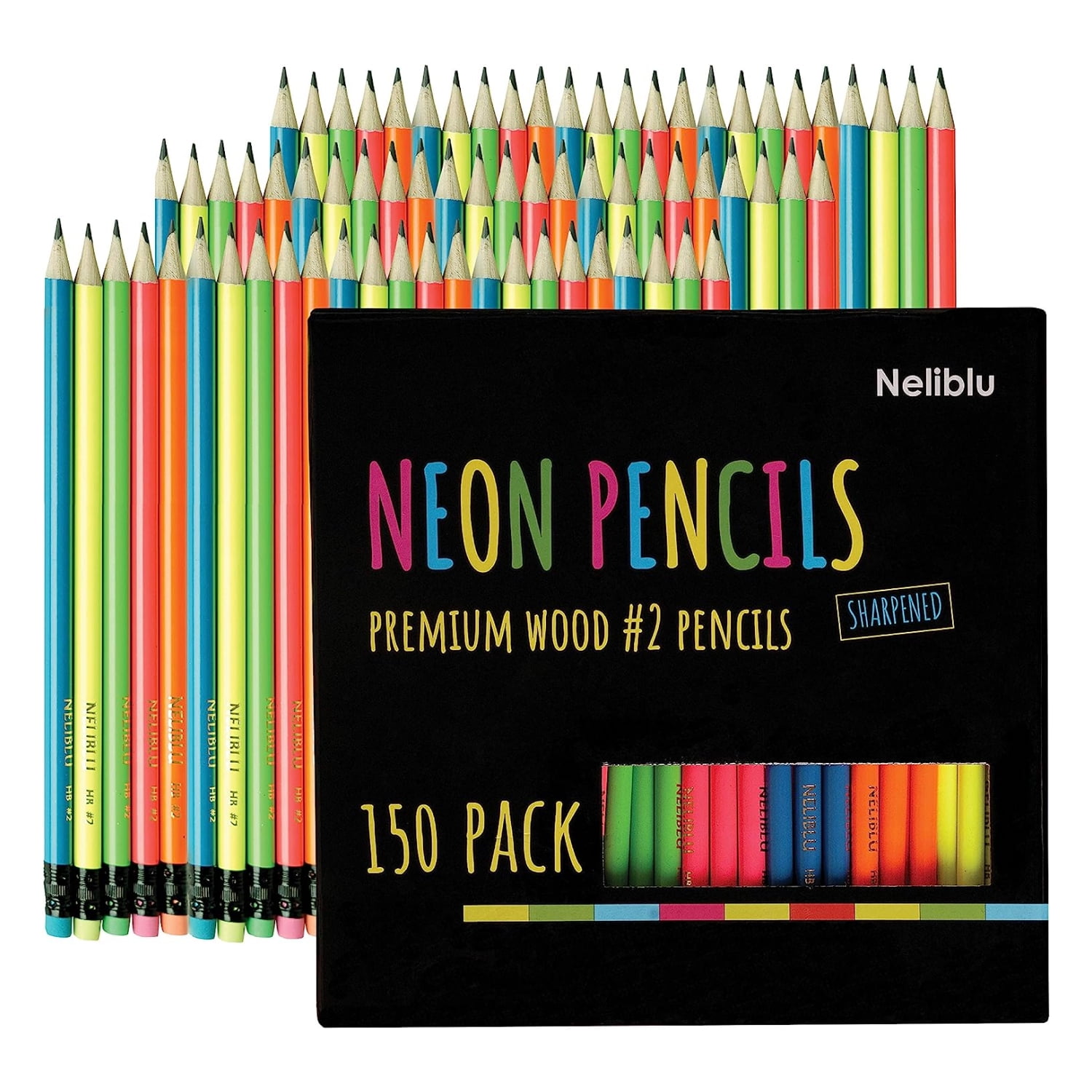 Neliblu's Neon #2 Sharpened Wood Pencils - Large Box of 150 Bulk ...