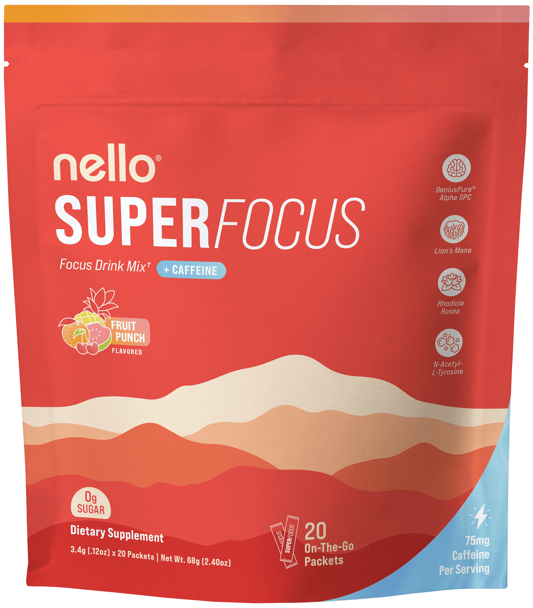 Nello SuperFocus Focus Drink Mix – Fruit Punch Flavor – Alpha GPC, Lion ...