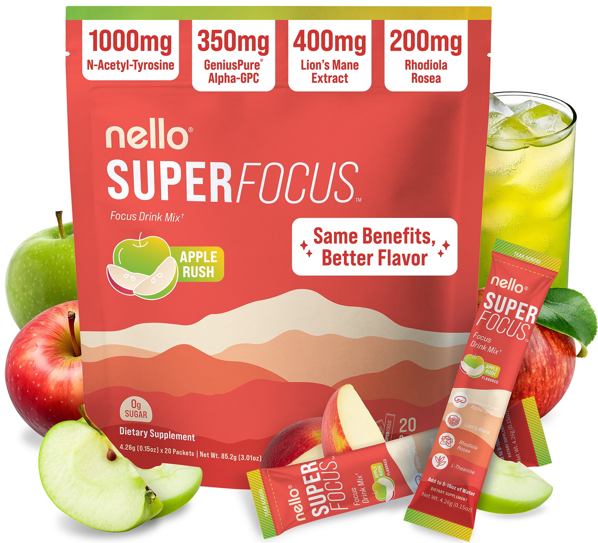 Nello SuperFocus Focus Drink Mix – Fruit Punch Flavor – Alpha GPC, Lion ...