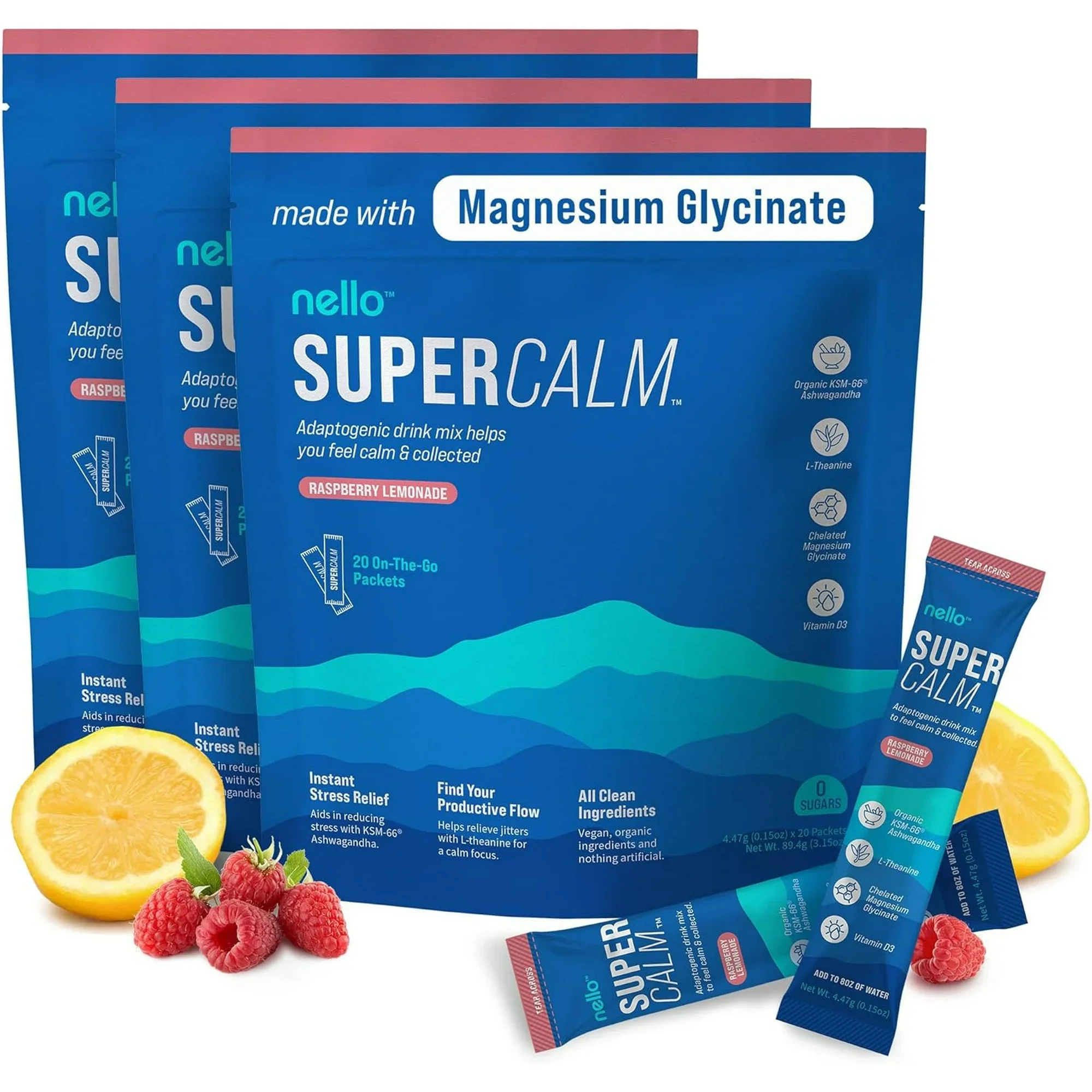 Nello Supercalm Powdered Drink Mix, Raspberry Lemonade, L Theanine, Ksm ...