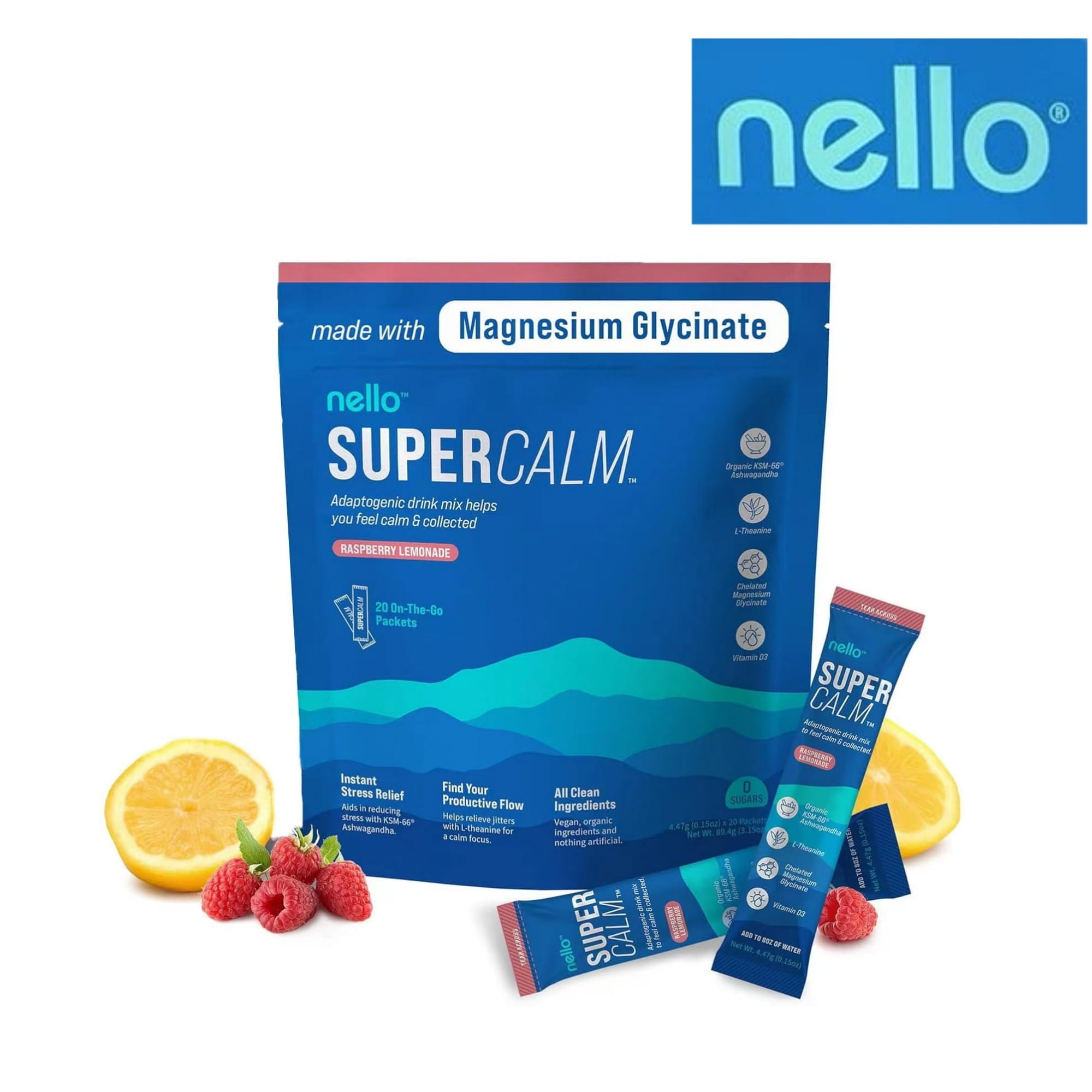 NelloSupercalm Powdered Drink Mix, Raspberry Lemonade, L Theanine, Ksm ...