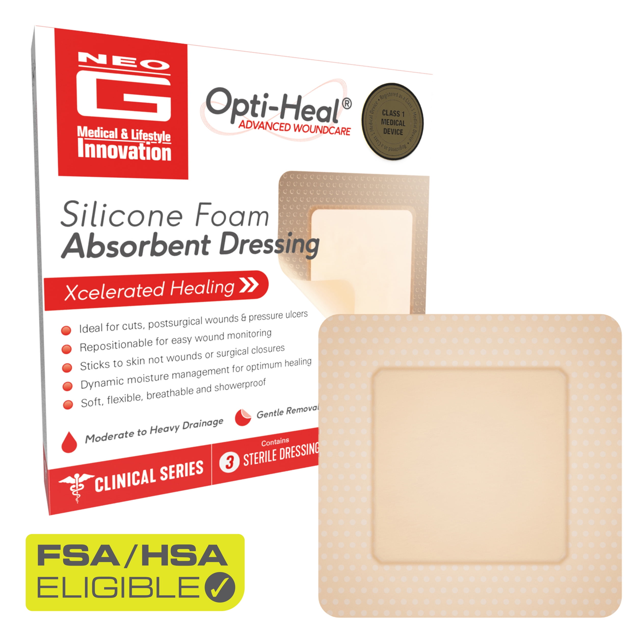 Neo G Opti-Heal Silicone Foam Absorbent Dressing, 3 Count - 4x4 ...