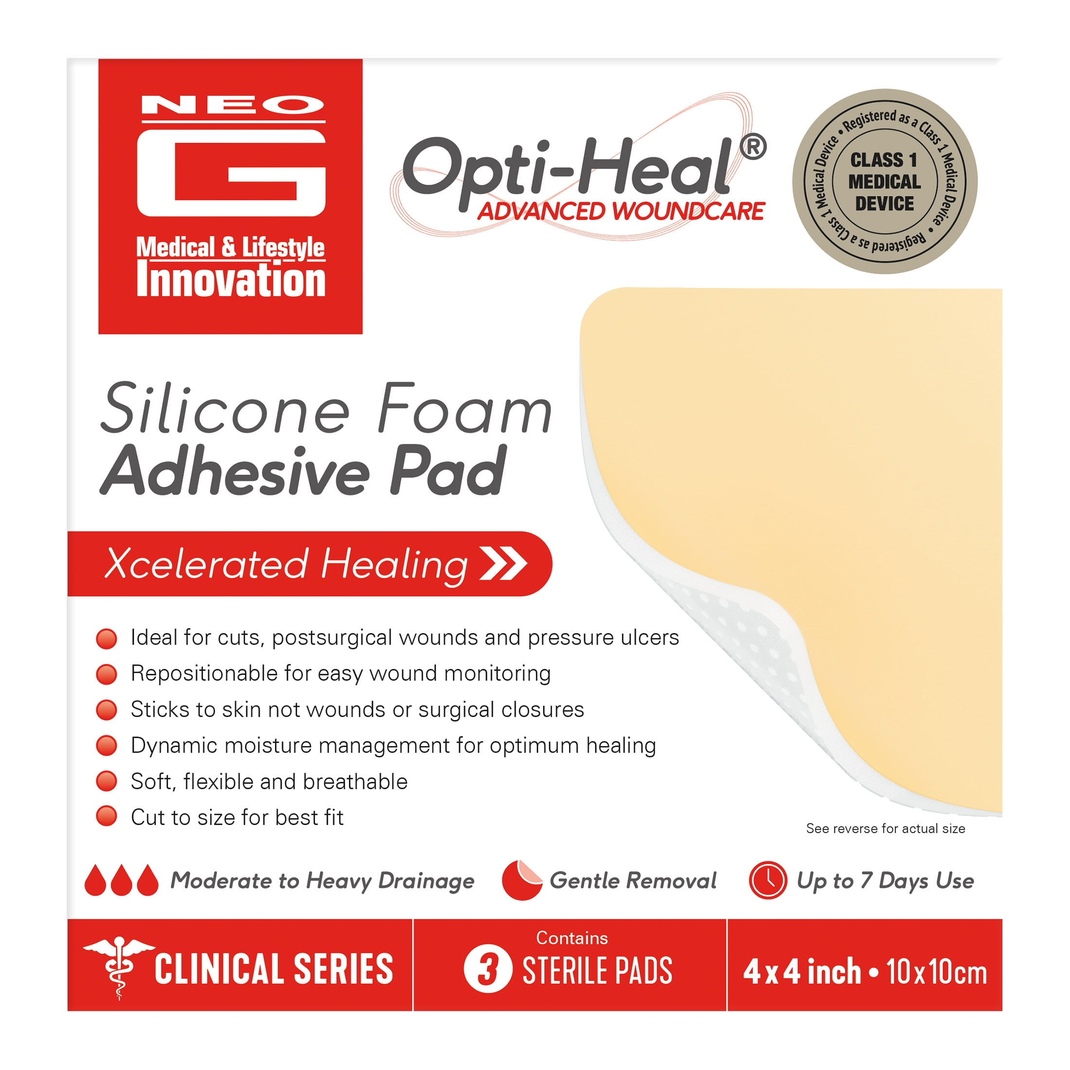 Neo G Opti-Heal Silicone Foam Absorbent Pad 4x4, 3CT - Walmart.com