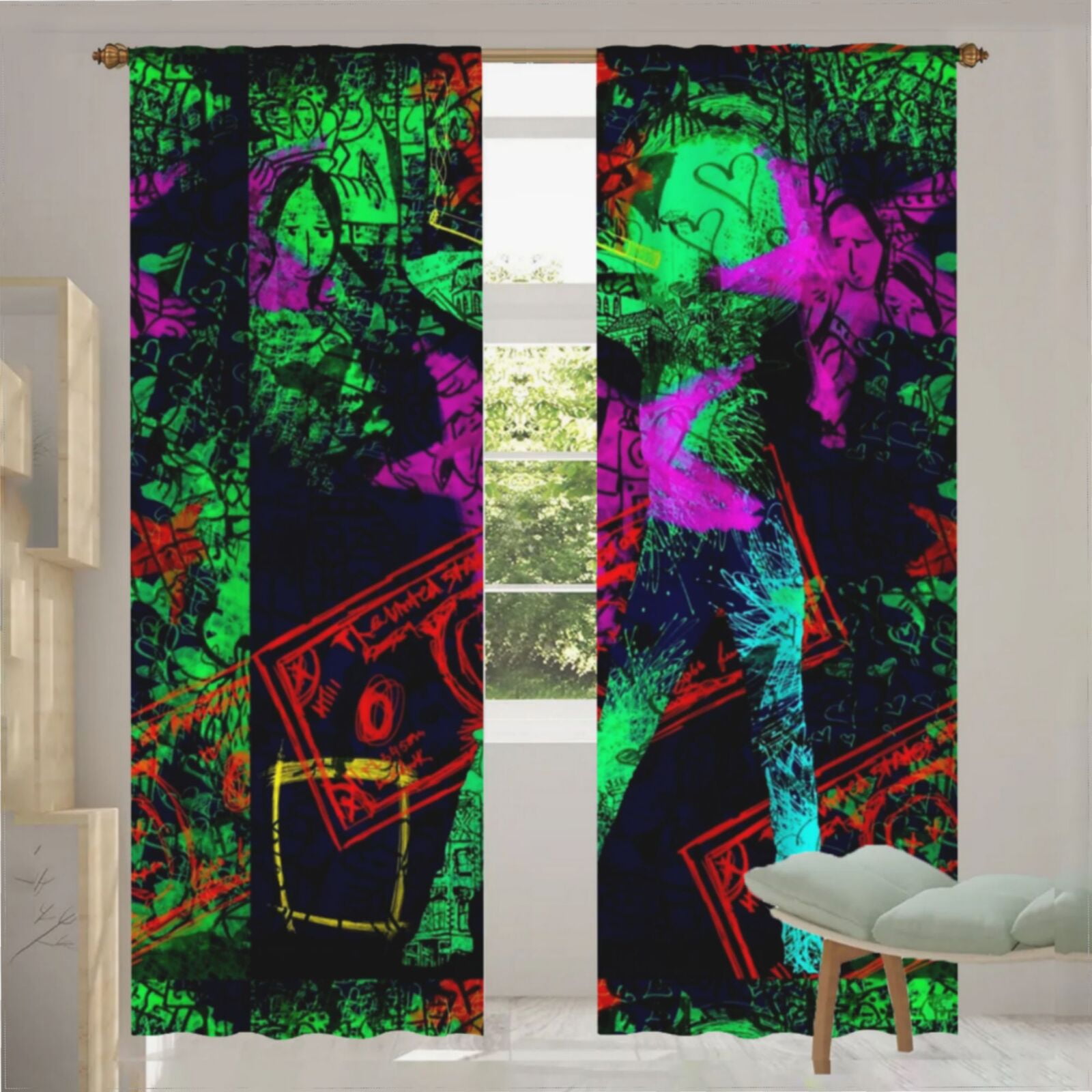 Neo Pop Art Blacklight Glow In The Dark Window Tulle Curtains for ...