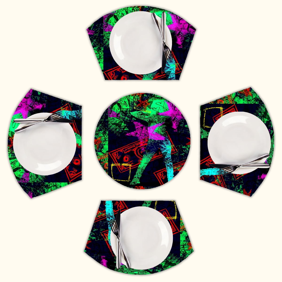 Neo Pop Art Blacklight Glow in the dark Round Table Placemats Set Of 5 ...