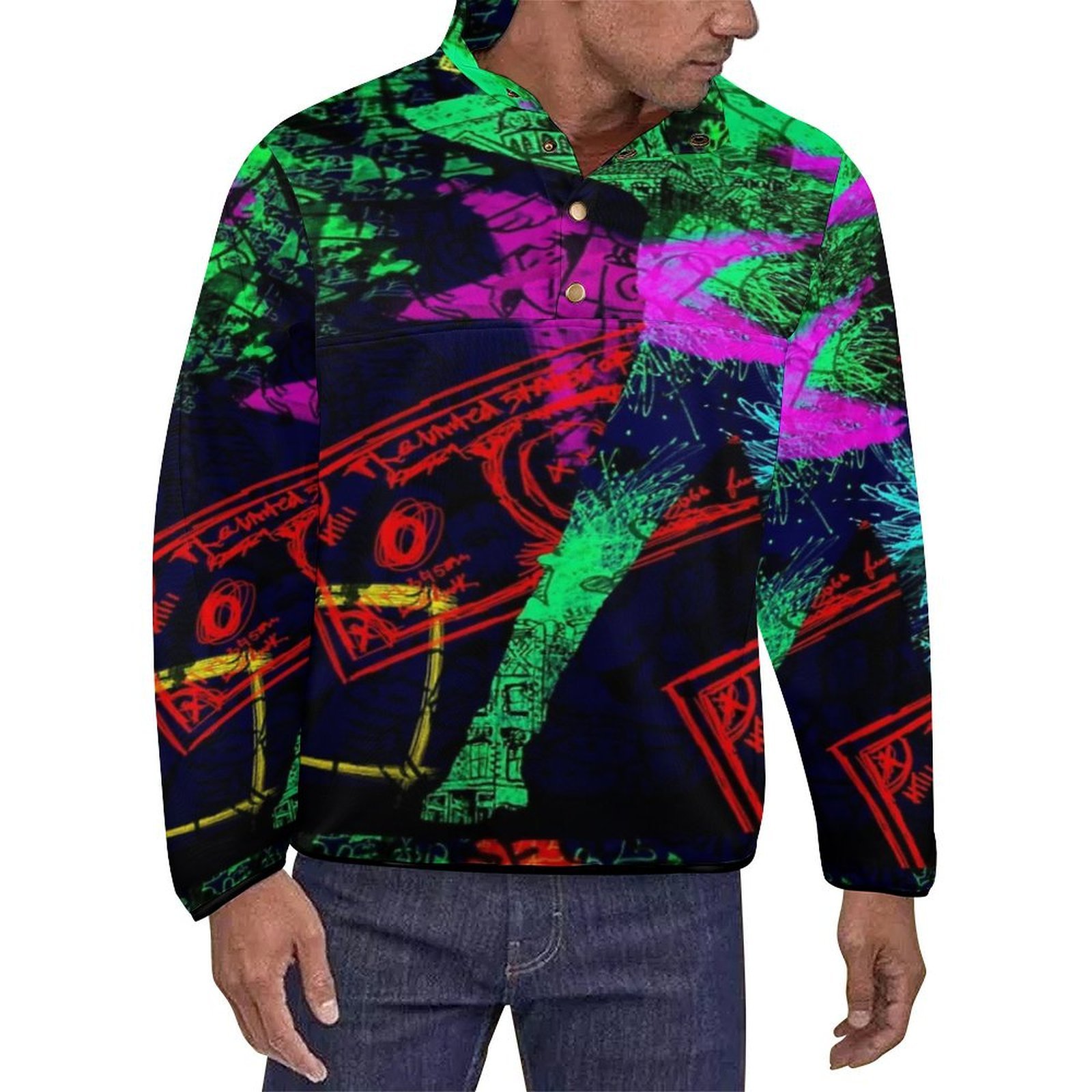 Neo Pop Art Blacklight Glow in The Dark Men's Stand Collar Sweater Long ...