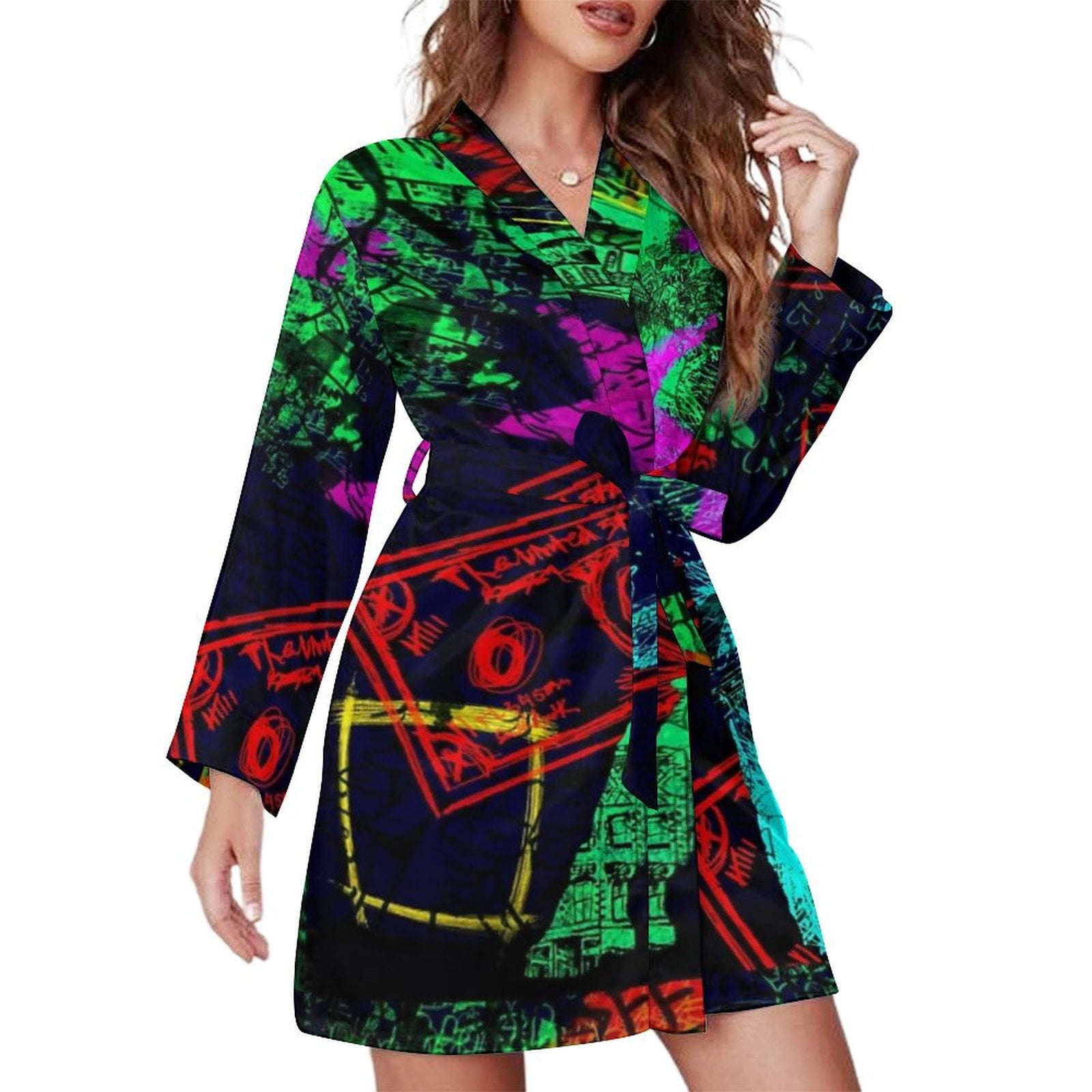 Neo Pop Art Blacklight Glow in The Dark Night Robe Long Sleeve V Neck ...