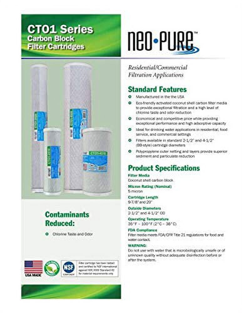 Neo-Pure CTO1-2520 20 x 2-1/2 Coconut Shell Carbon Block Water Filter 5 ...