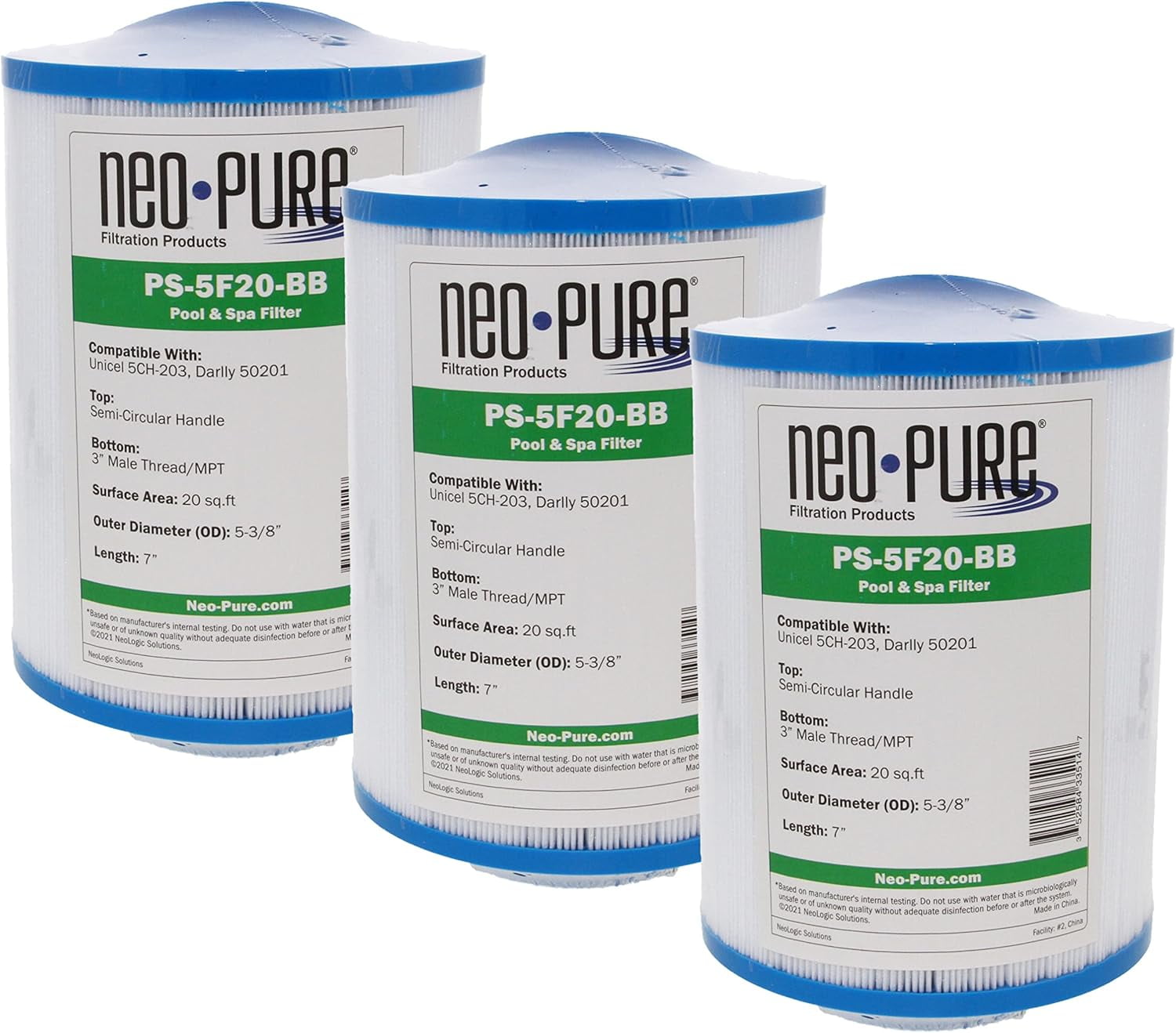 Neo-Pure PS-5F20-BB Pool and Spa Filter 5-3/8" x 7” Compatible with Unicel 5CH-203, Pleatco ...