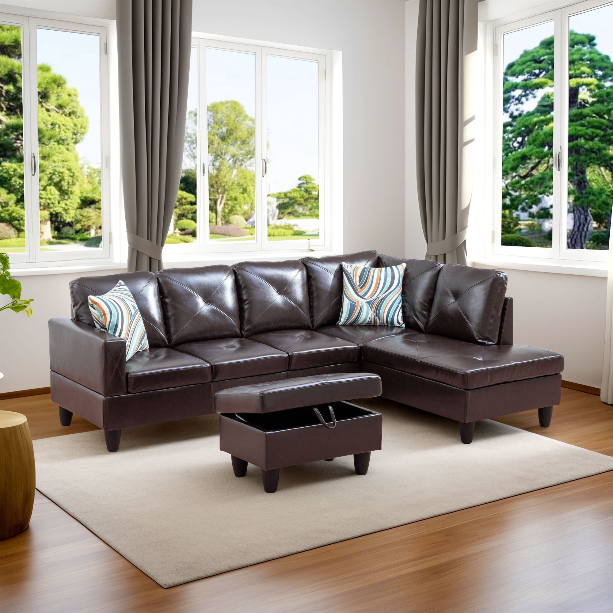 NeoKo Sectional Couch for Living Room Furniture Sets,Brown Faux Leather ...