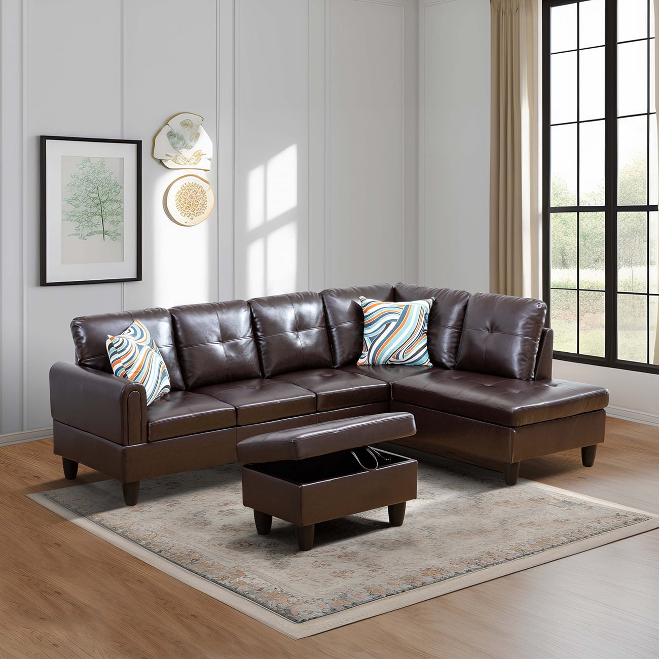 NeoKo Sectional Couch for Living Room Furniture Sets,Brown Faux Leather ...