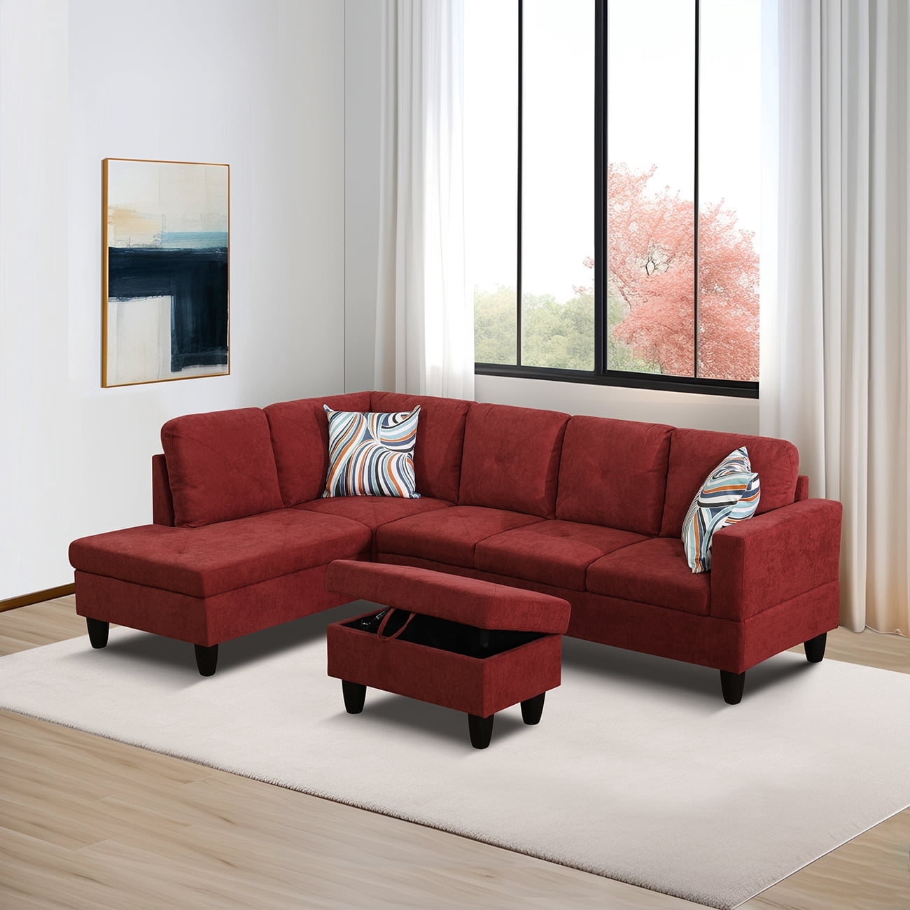 NeoKo Sectional Couch for Living Room Furniture Sets,Red Flannelette L ...