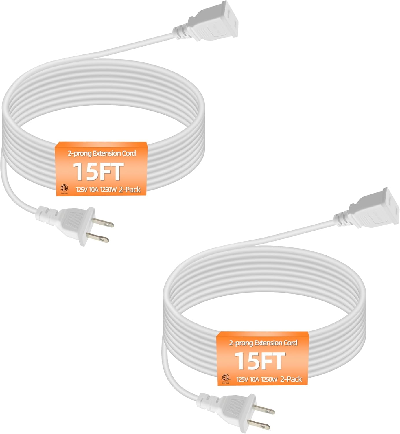 NeoMart-15FT White Thin Flat Extension Cord 2 Prong Polarized Power ...