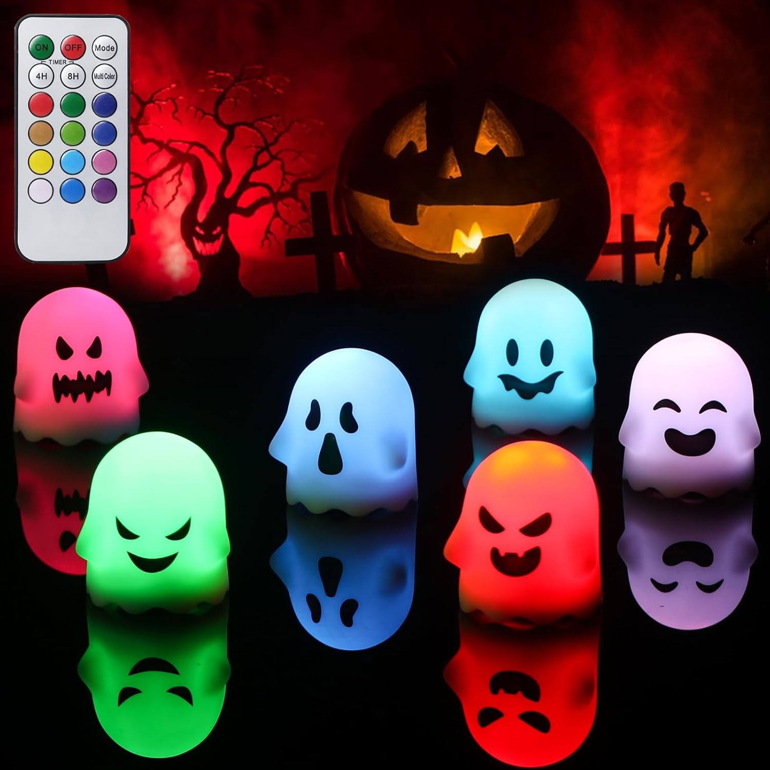 NeoMart Halloween Ghost Lights Flameless Candles Battery Operated with ...