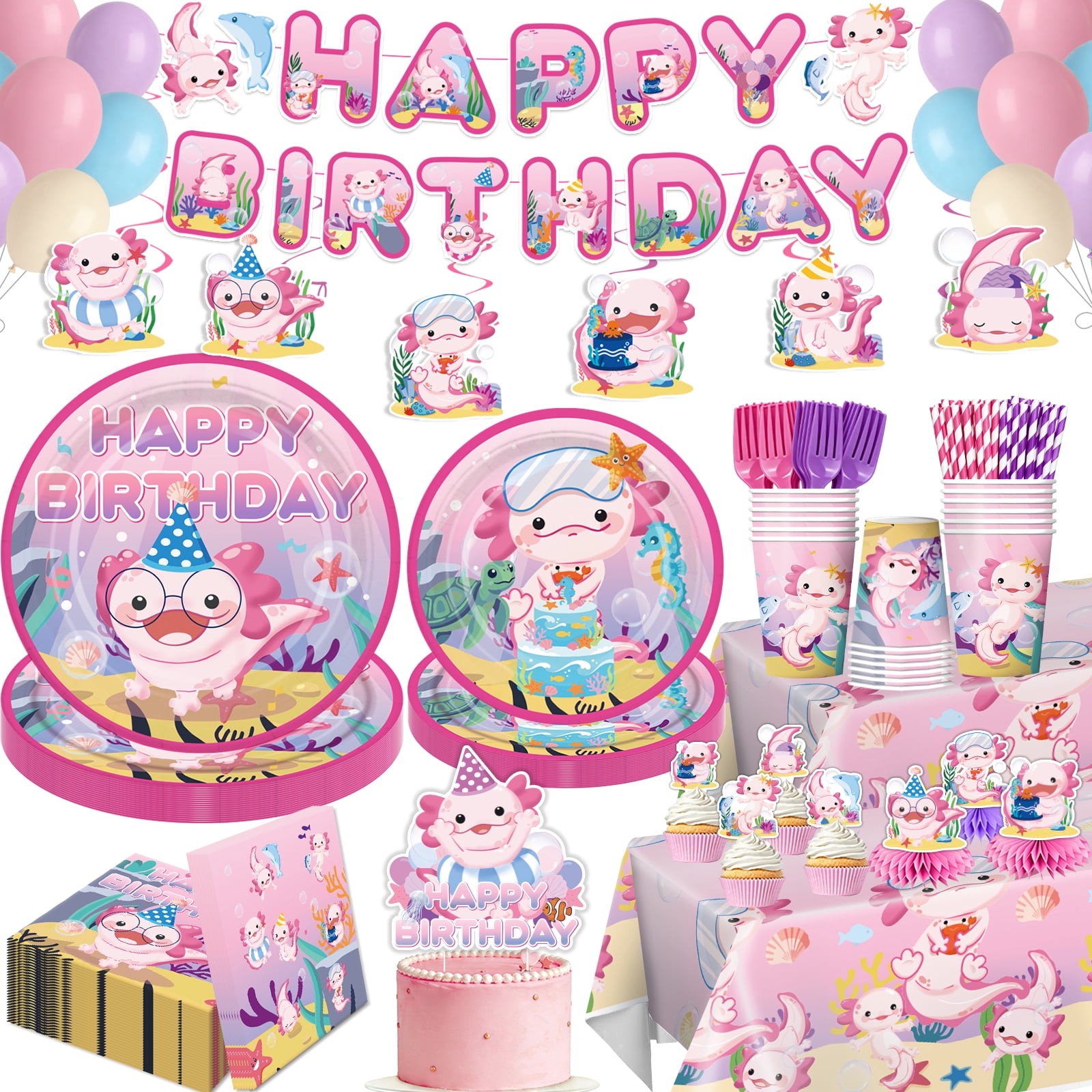 NeoRov 202 Pcs Axolotl Birthday Party Decorations Tableware Set ...