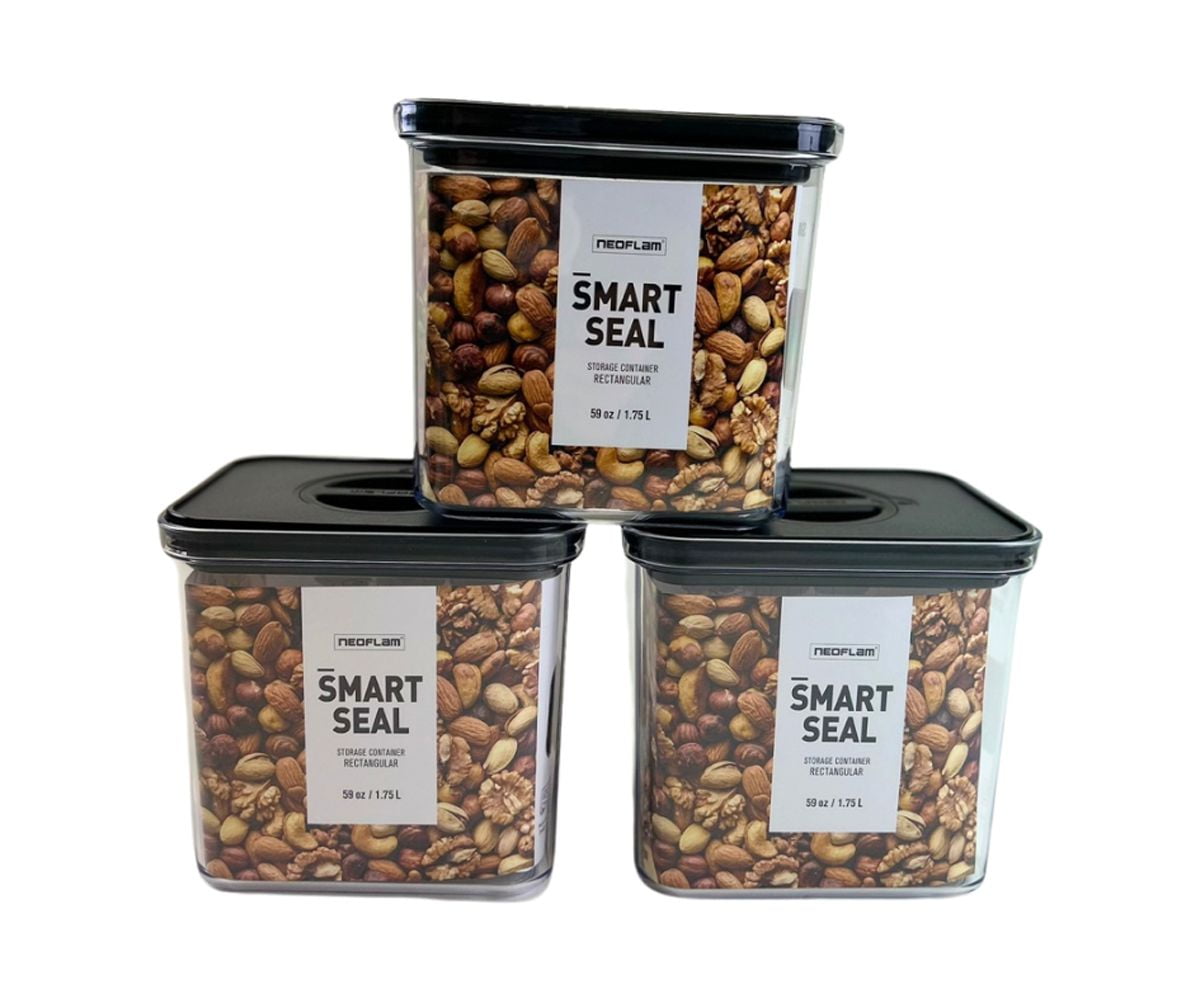 Neoflam Airtight Smart Seal Food Storage Container (Set of 3) | Crystal Clear Body, Matte Black ...