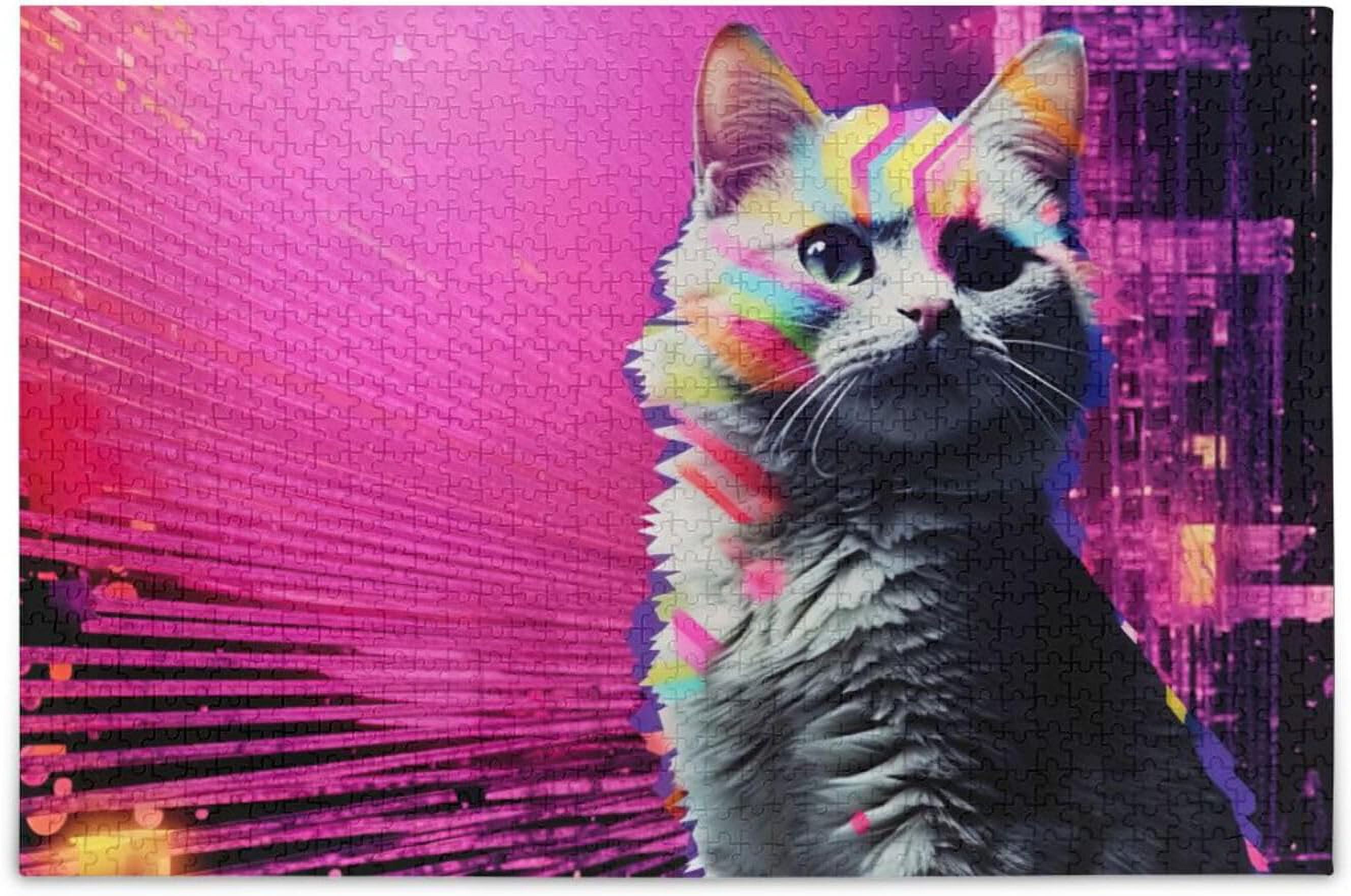 Neon Art Cat Puzzle 1000 Pieces - Wooden Jigsaw Puzzles for Family ...