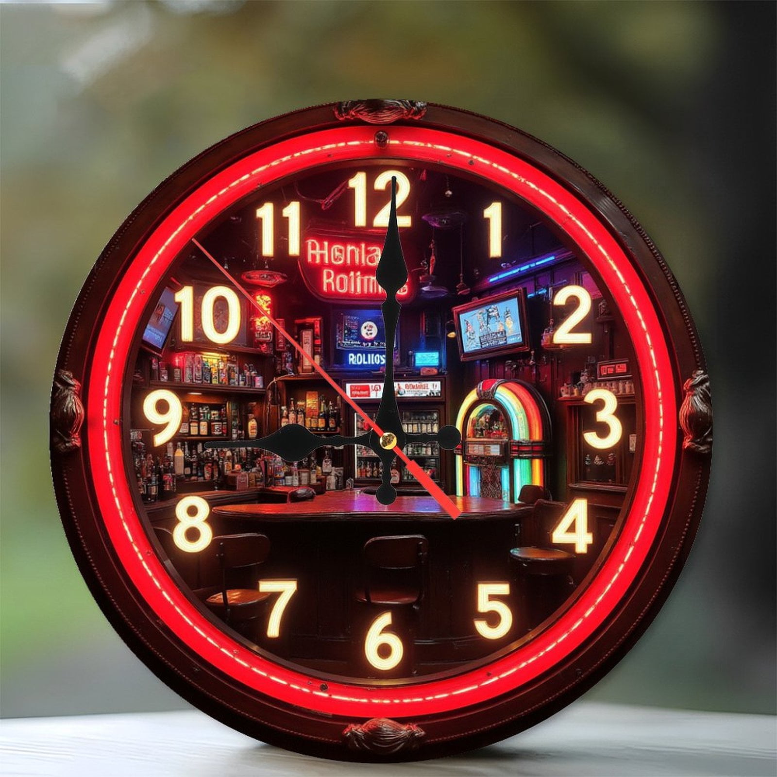 Neon Bar Clock Jukebox Wall Decor 10-Inch Silent Wooden Wall Clock ...