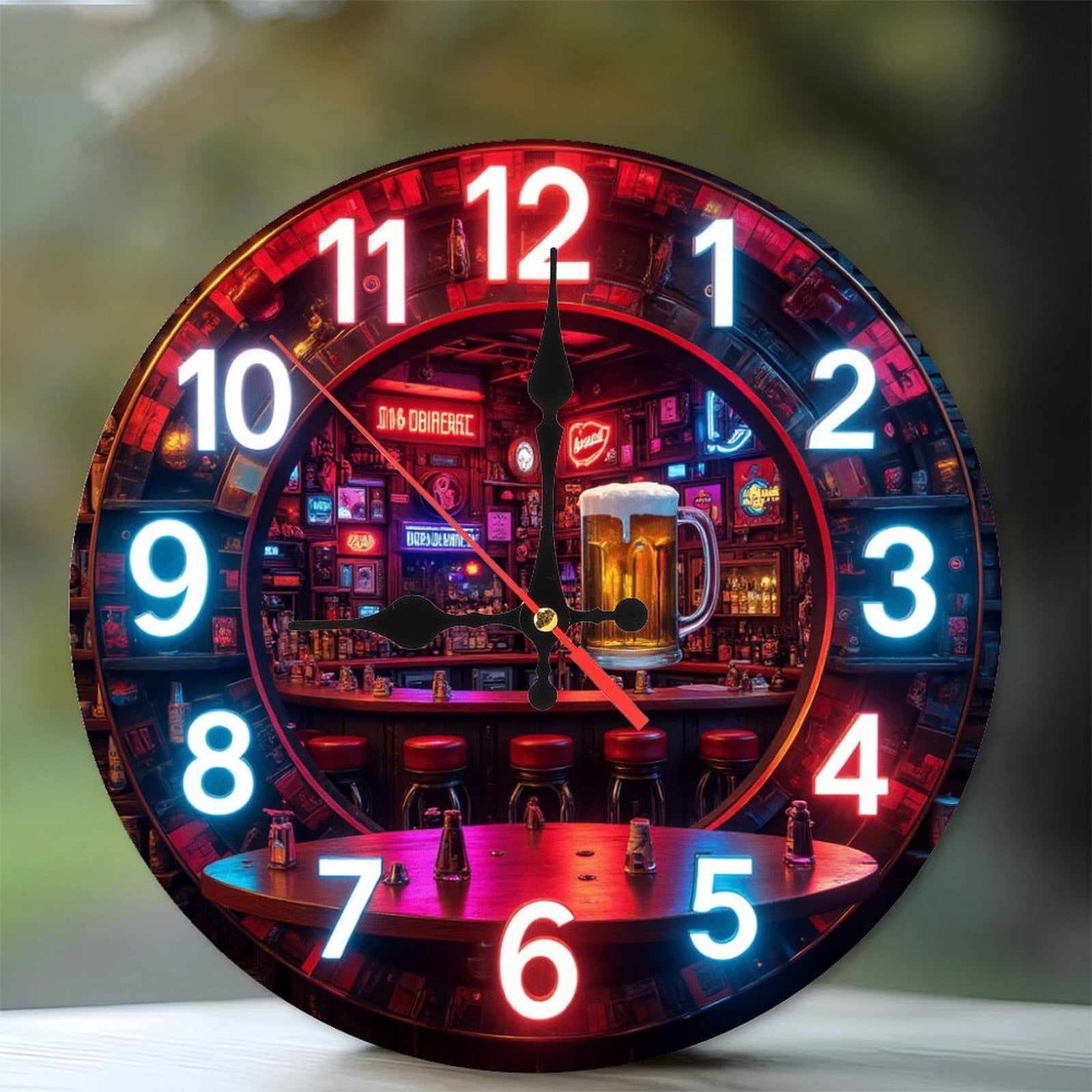 Neon Bar Clock Wall Clock Beer Pub Decor 12-Inch Silent Wooden Wall ...