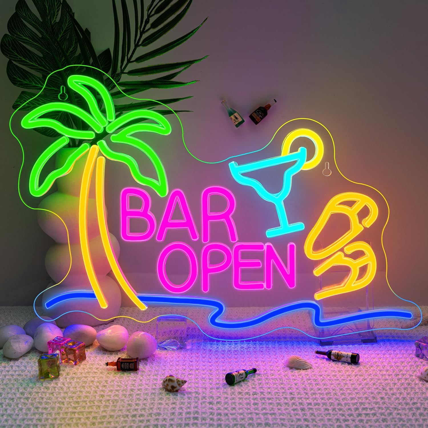 Neon Bar Sign Sign with Coconut Tree Slipper Glass Bar Open Light Up ...