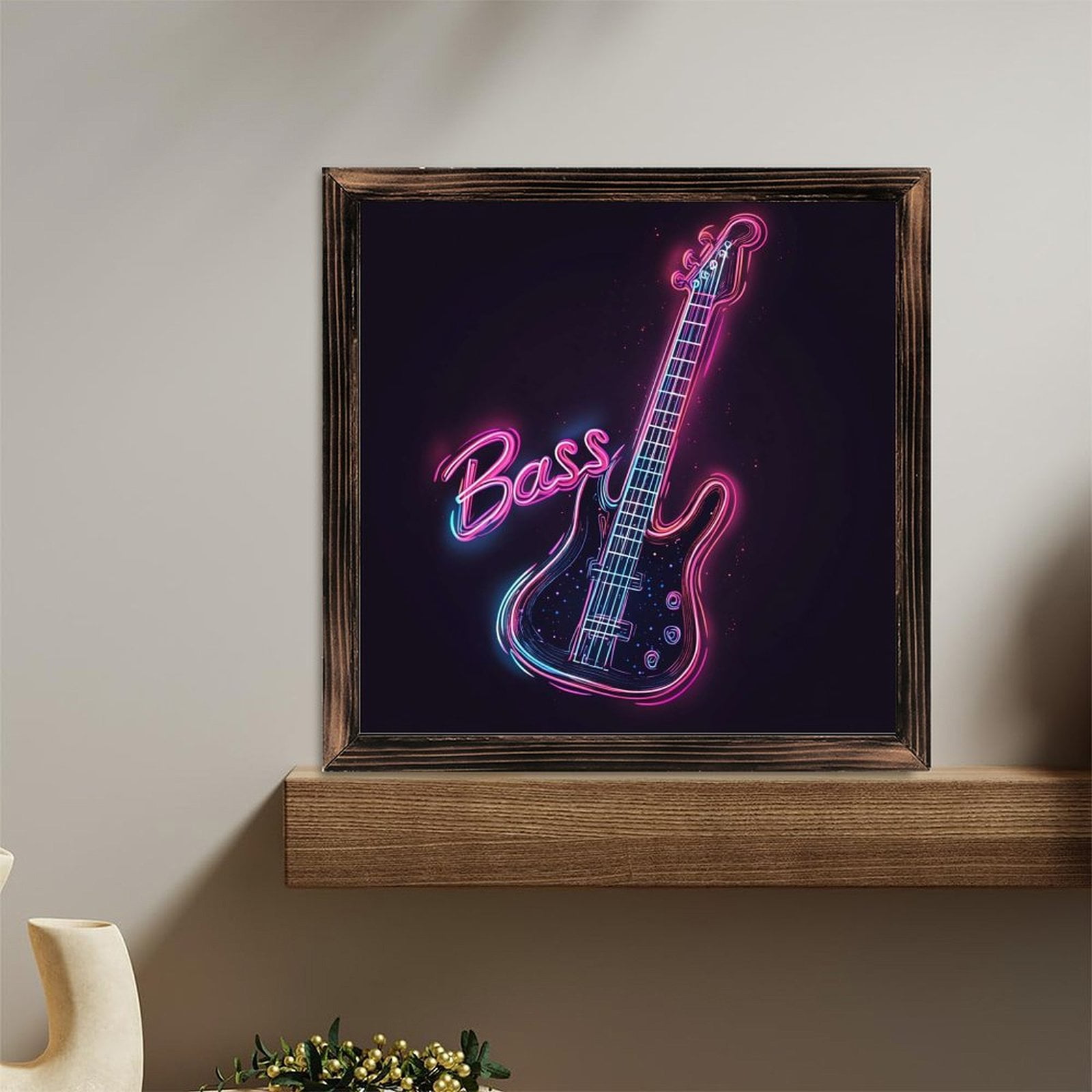 Neon Bass Guitar Music Art Wooden Sign Wall Plaque - Vintage Art ...