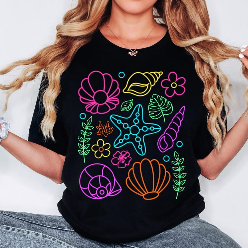Neon Beach Shirt, Tropical Seashells Tee, Bright Summer Shirt, Starfish Coral Shirt, Coastal ...