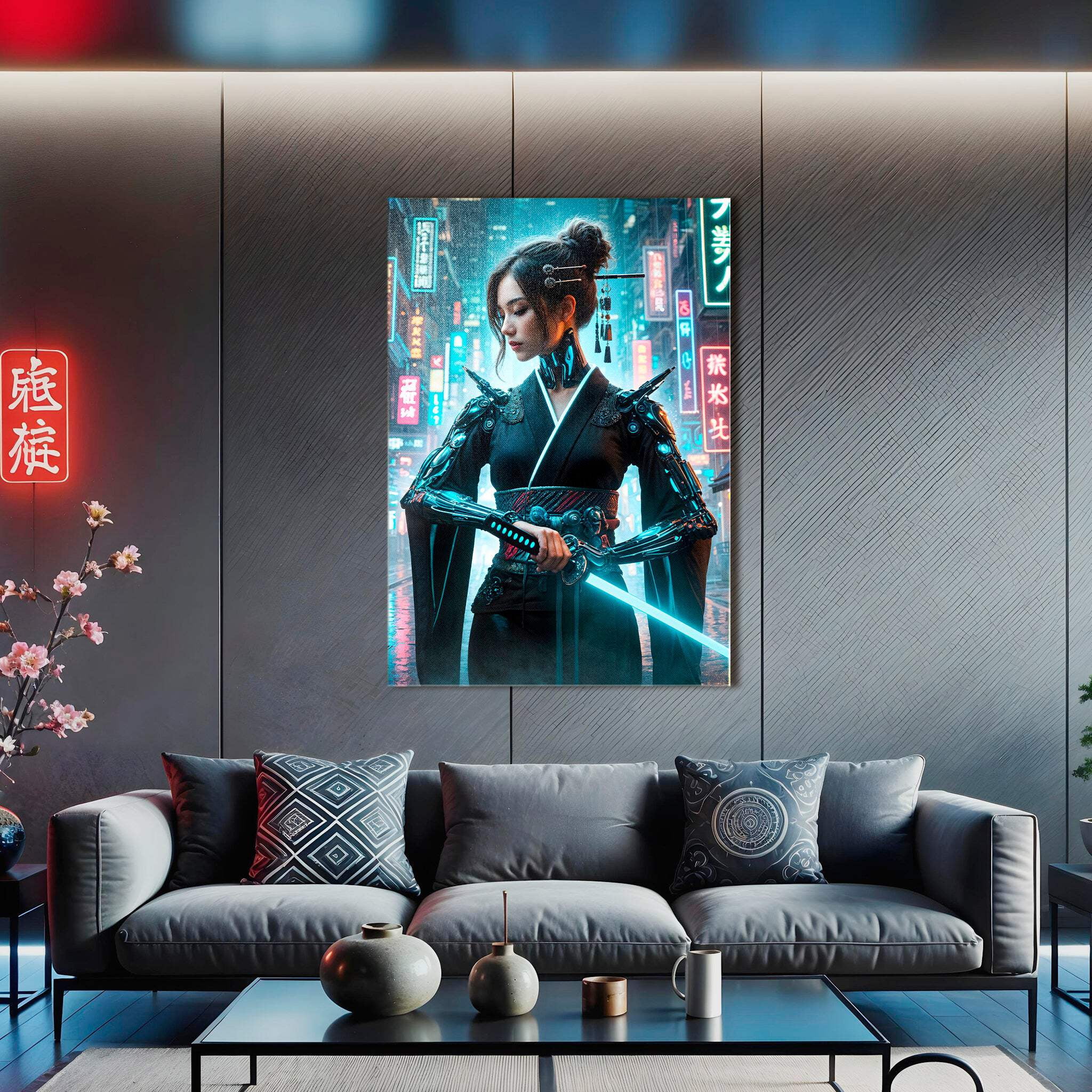 Neon Blade Geisha Cyberpunk Warrior Canvas Print - Futuristic Wall Art ...