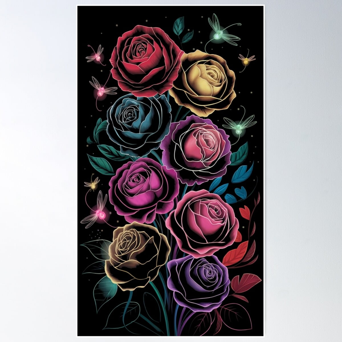 Neon Bloom: A Magical Night Of Glowing Roses Poster Wall Art, Modern ...