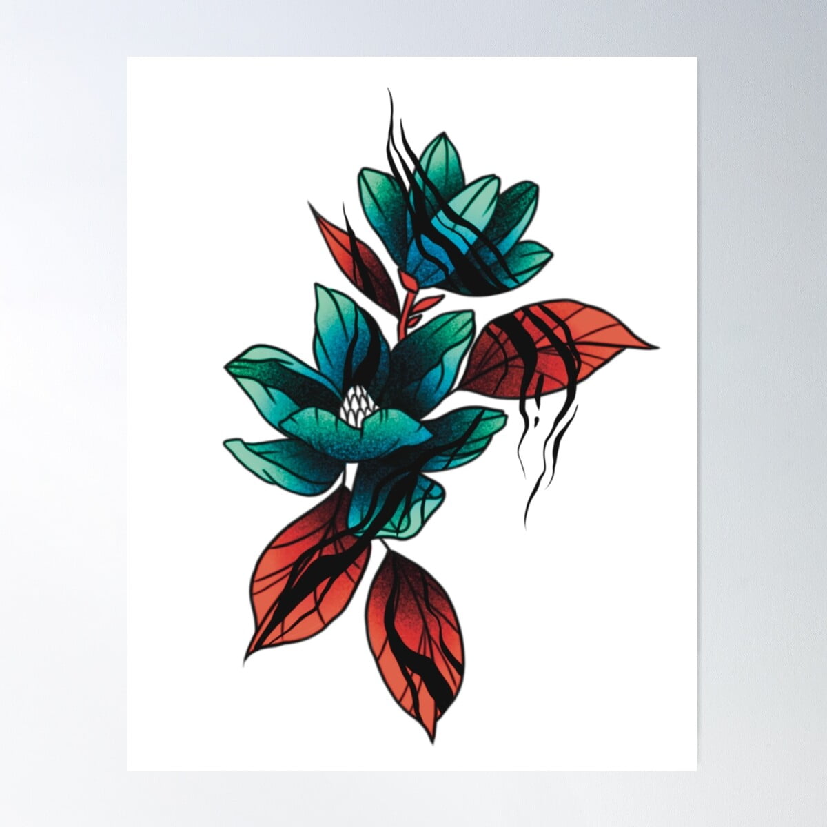 Neon Blue Corrupted Flower Poster Wall Art, Modern Wall Decor For ...