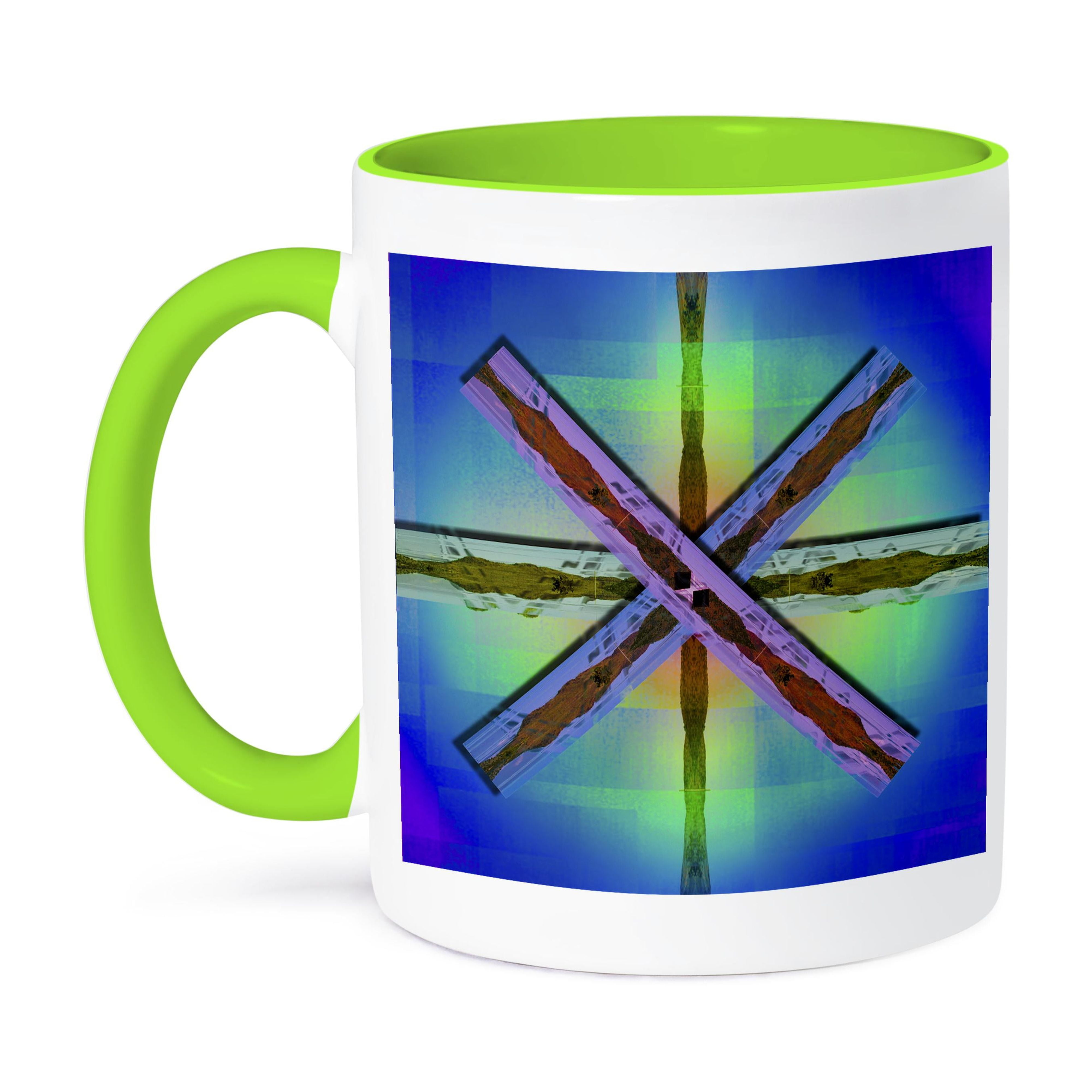 3dRose, Neon Blue, pink, green cross made from landscape on squares, 15oz Two-Tone Green Mug ...