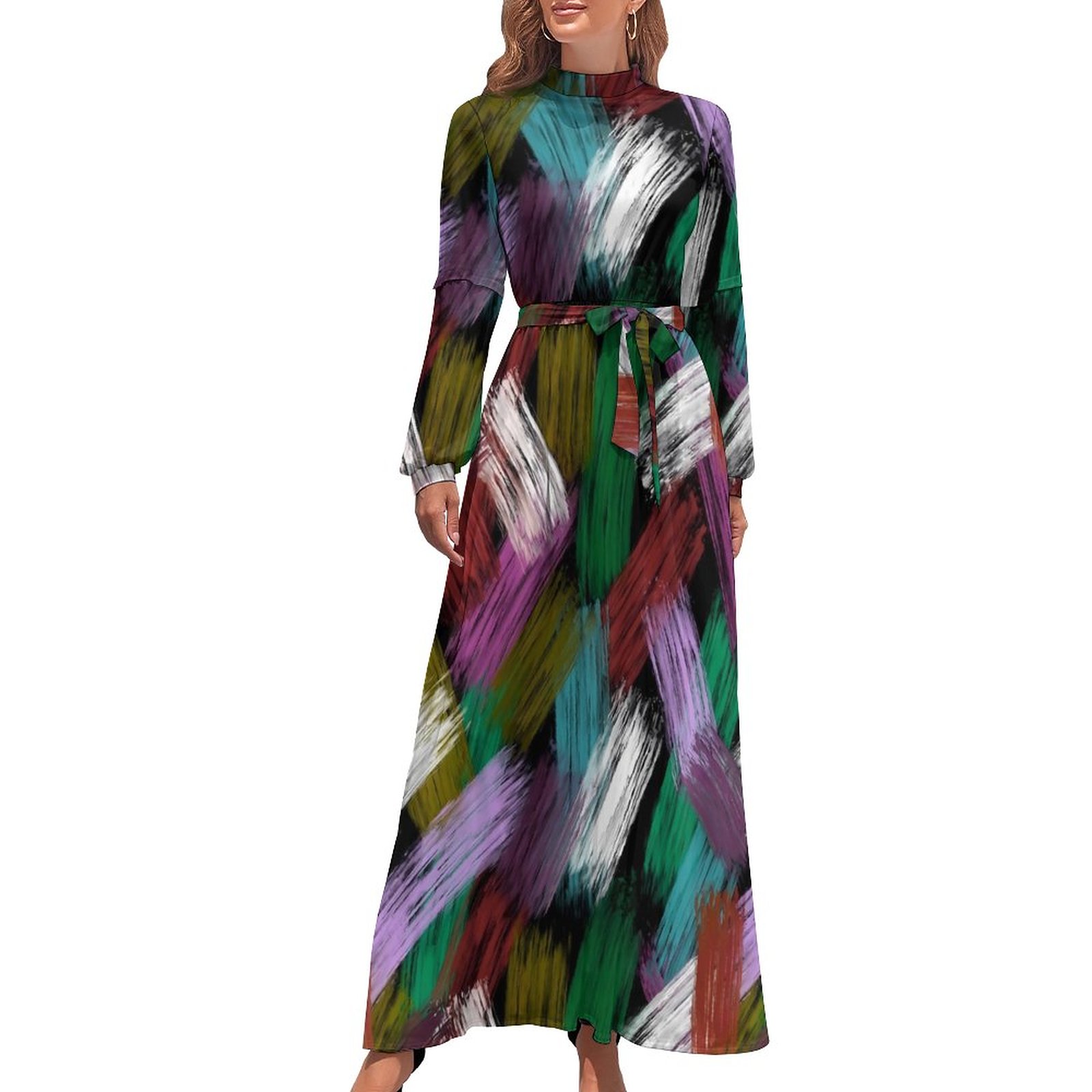 Neon Brush Print Dress Abstract Art Cute Graphic Maxi Dress High Waist ...
