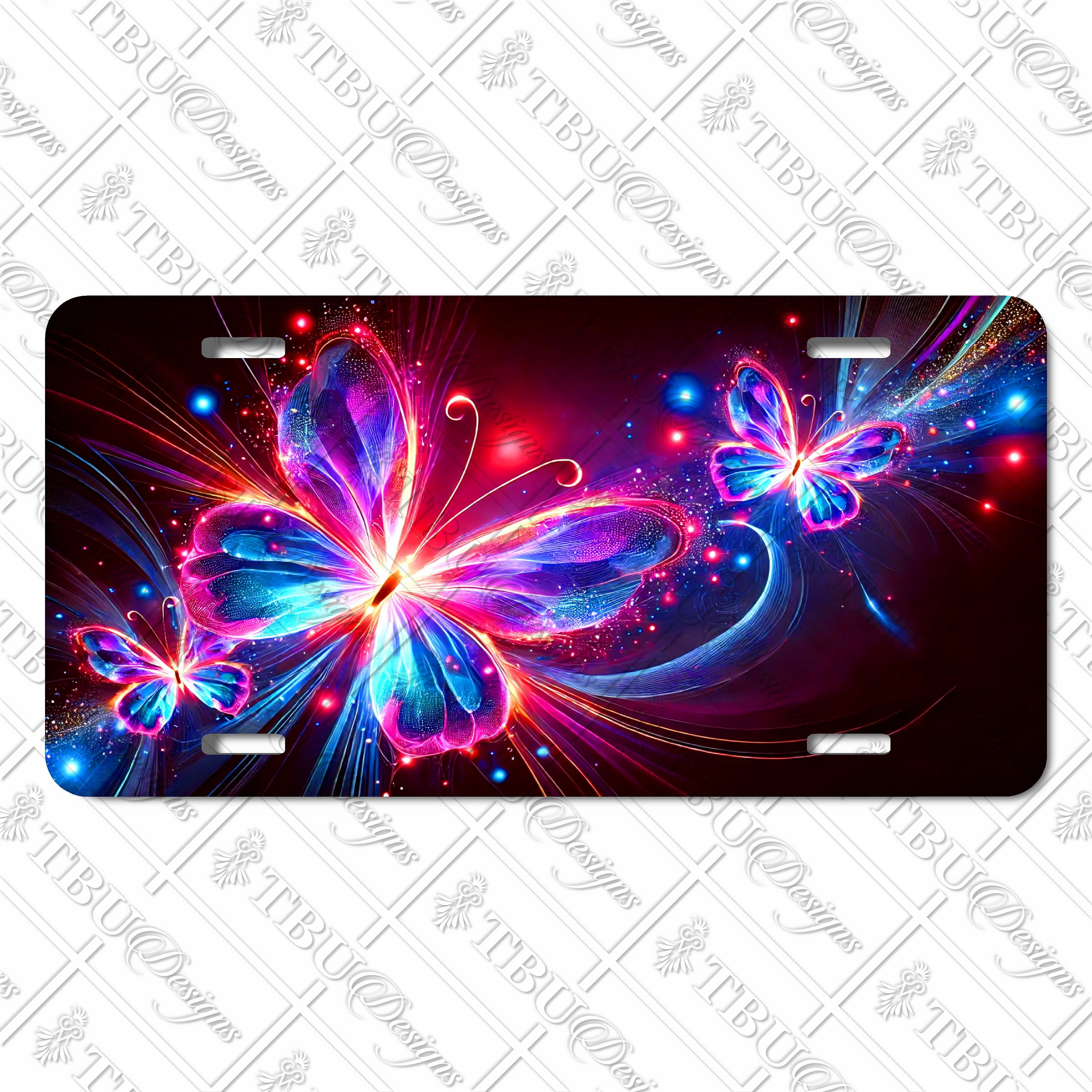 Neon Butterfly Burst Aluminum License Plate – Vibrant Sublimation Print ...
