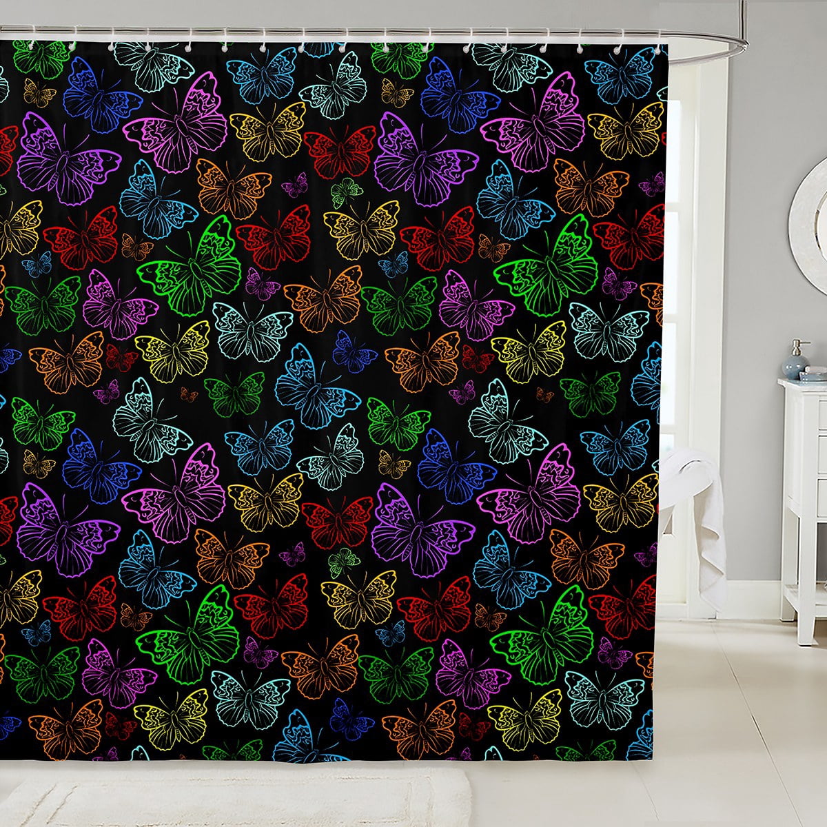 Neon Butterfly Shower Curtain Rainbow Butterflies Waterproof Bathroom ...