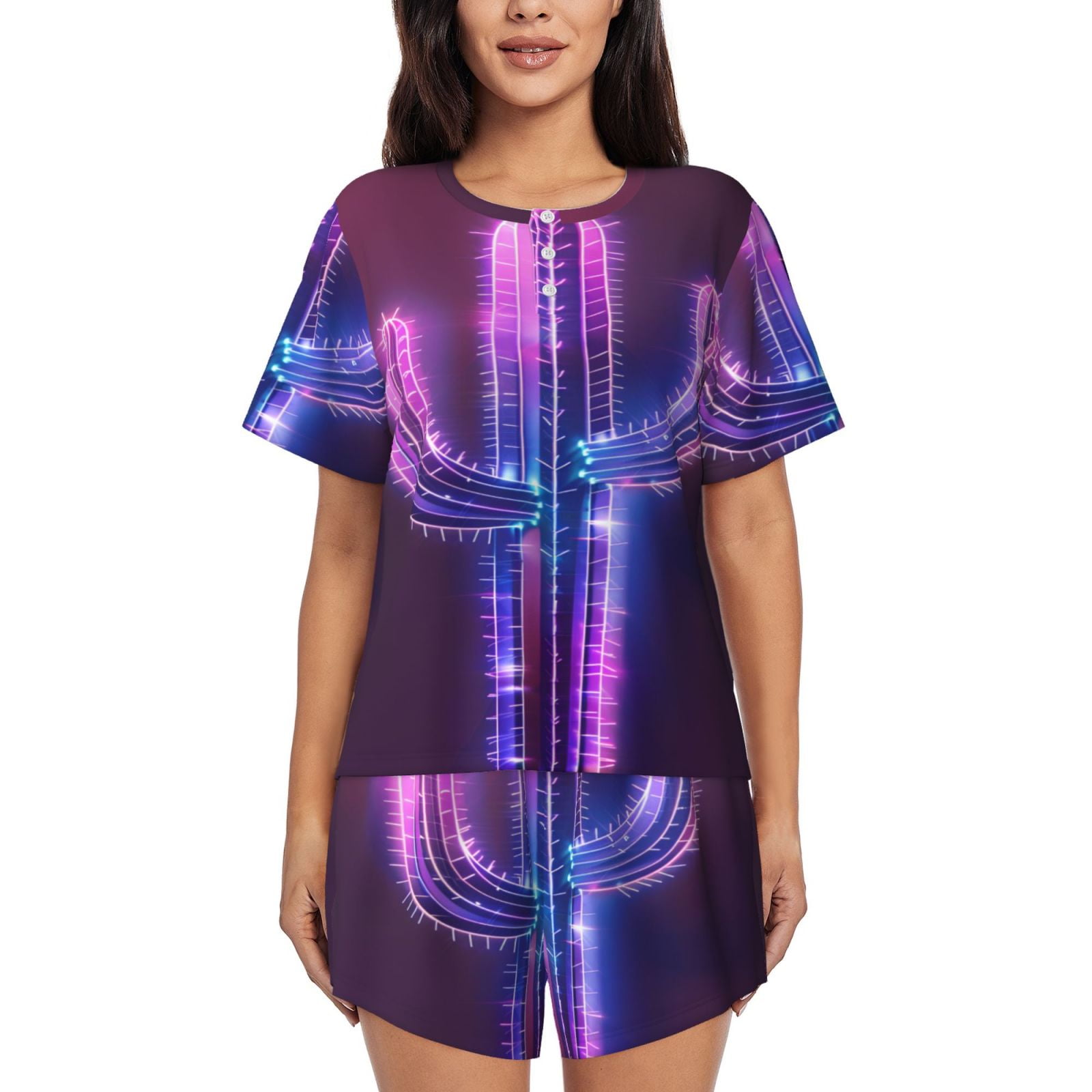 Neon Cactus (34) Womens Pajamas Short Set Soft Short Sleeve Sleepwear ...