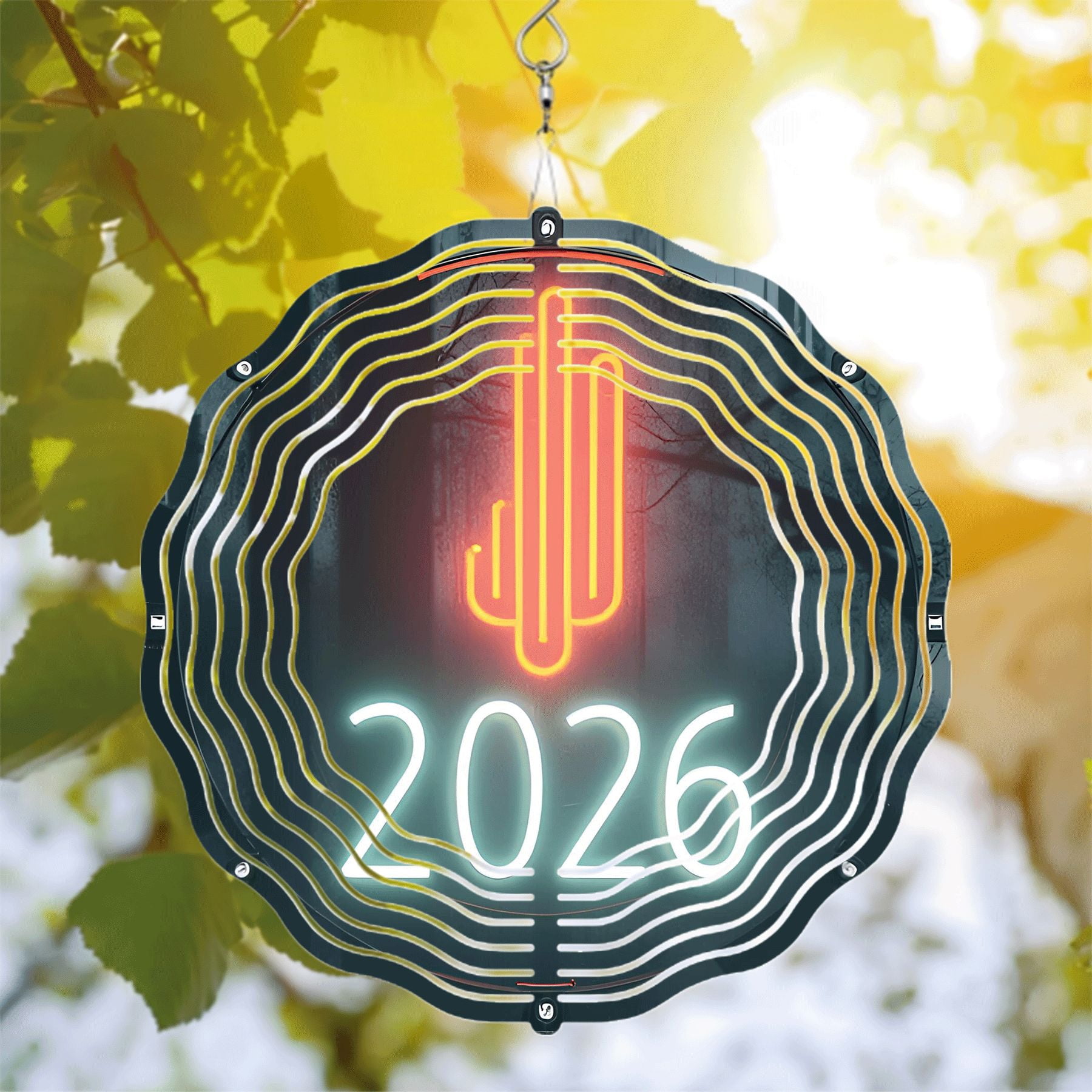 Neon Cactus Metal Hanging Wind Spinner - Vibrant Sound Wave Design for ...