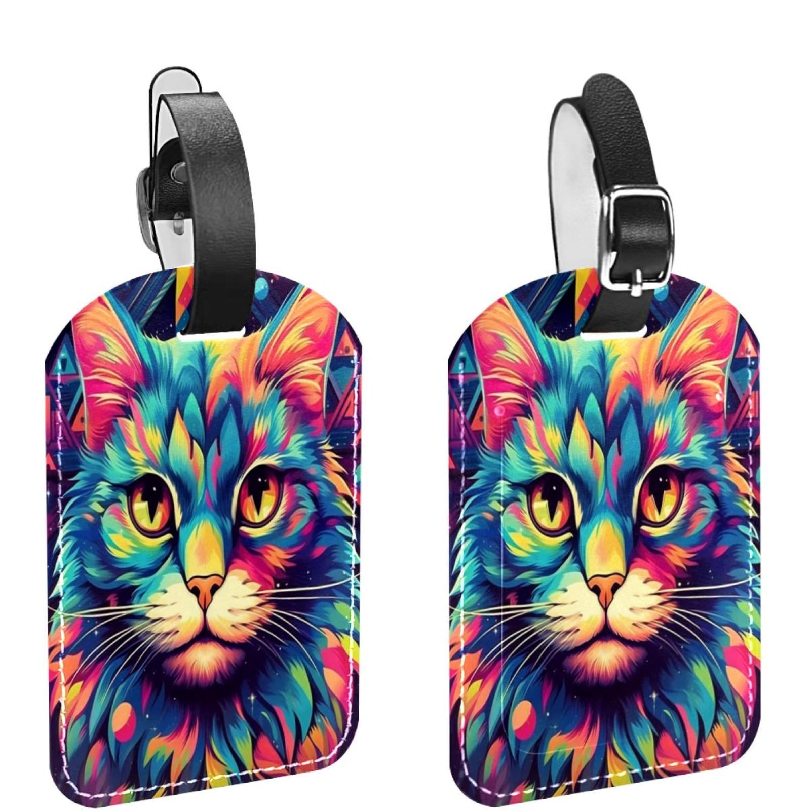 Neon Cat Head Luggage Tags for Suitcases, PU Leather Name ID Labels ...
