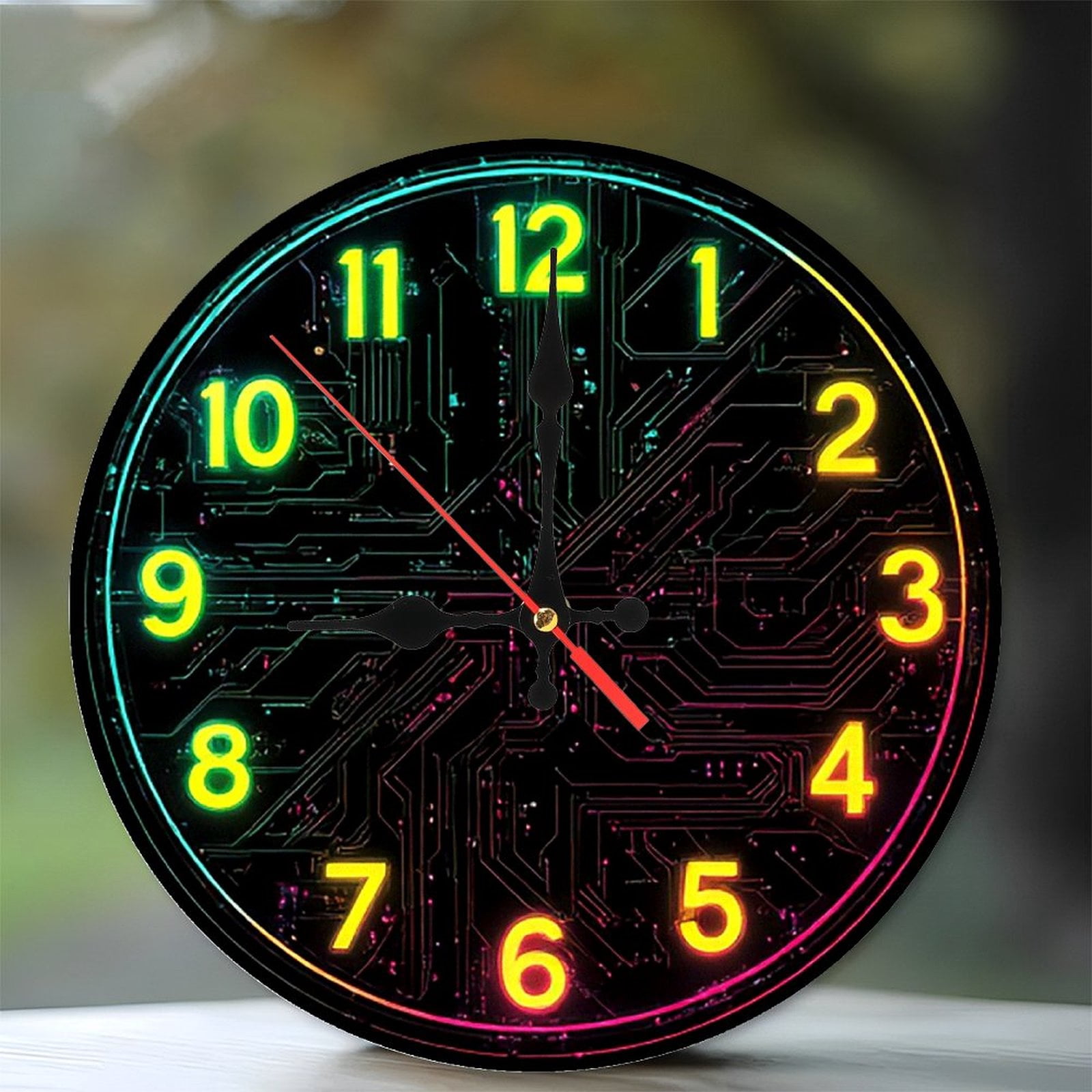 Neon Circuit Clock Wall Decor 10-Inch Silent Wooden Wall Clock, Battery ...