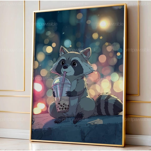 Neon City Bubble Tea Drawing Cute Urban Animal Cartoon Art Cozy Night ...