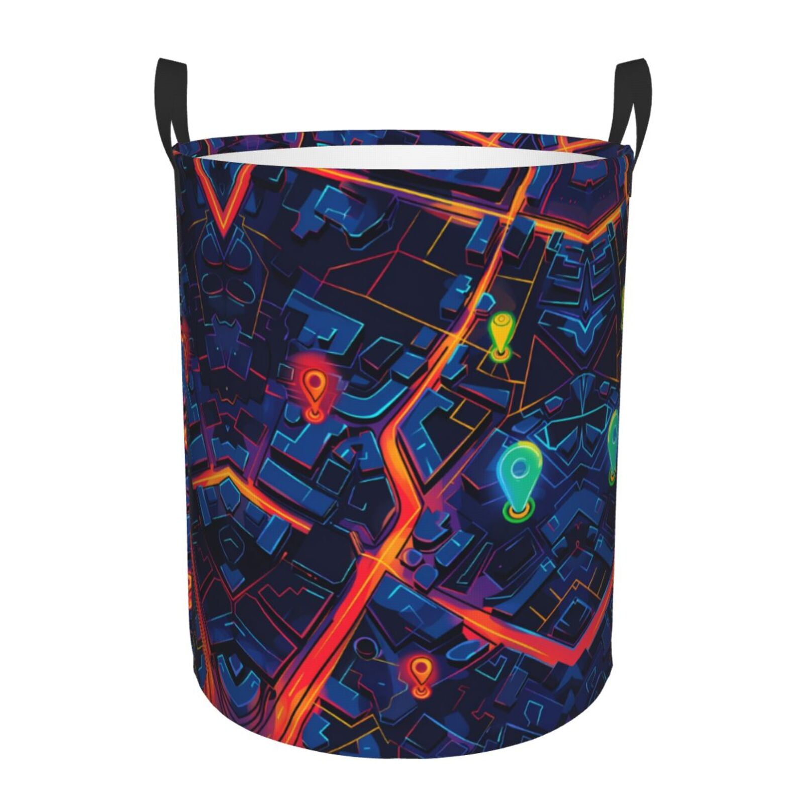 Neon City Map Round Laundry Basket, Laundry Hamper with Handle ...